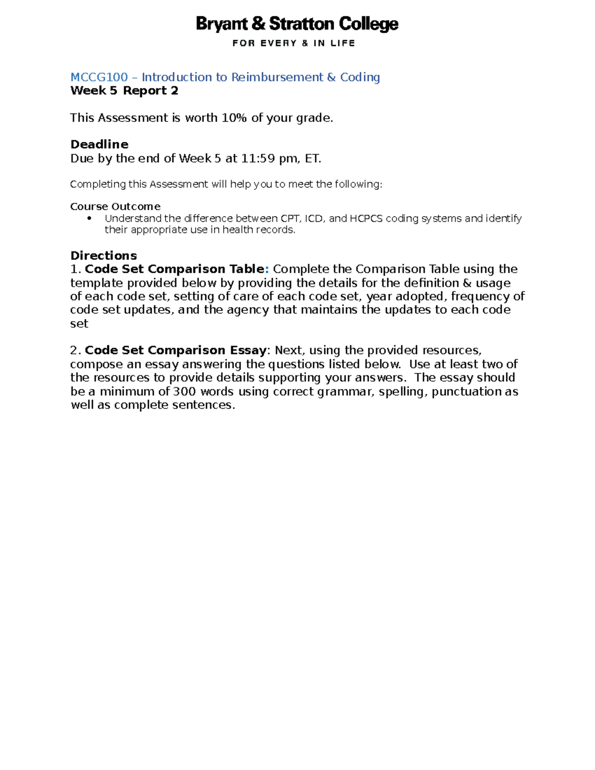 MCCG100 - Week 5 Reimbursement & Coding Report 2 - Studocu