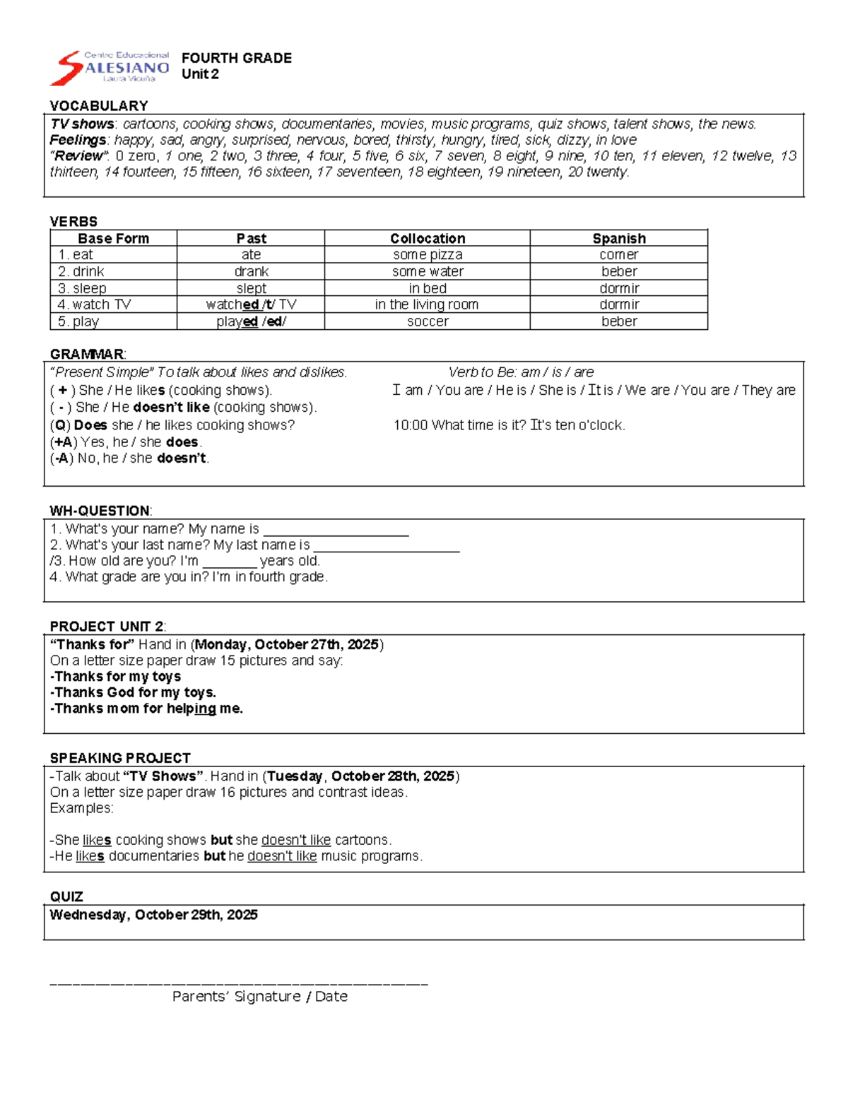 FOURTH GRADE Unit 2 Vocabulary & Grammar Overview - Studocu