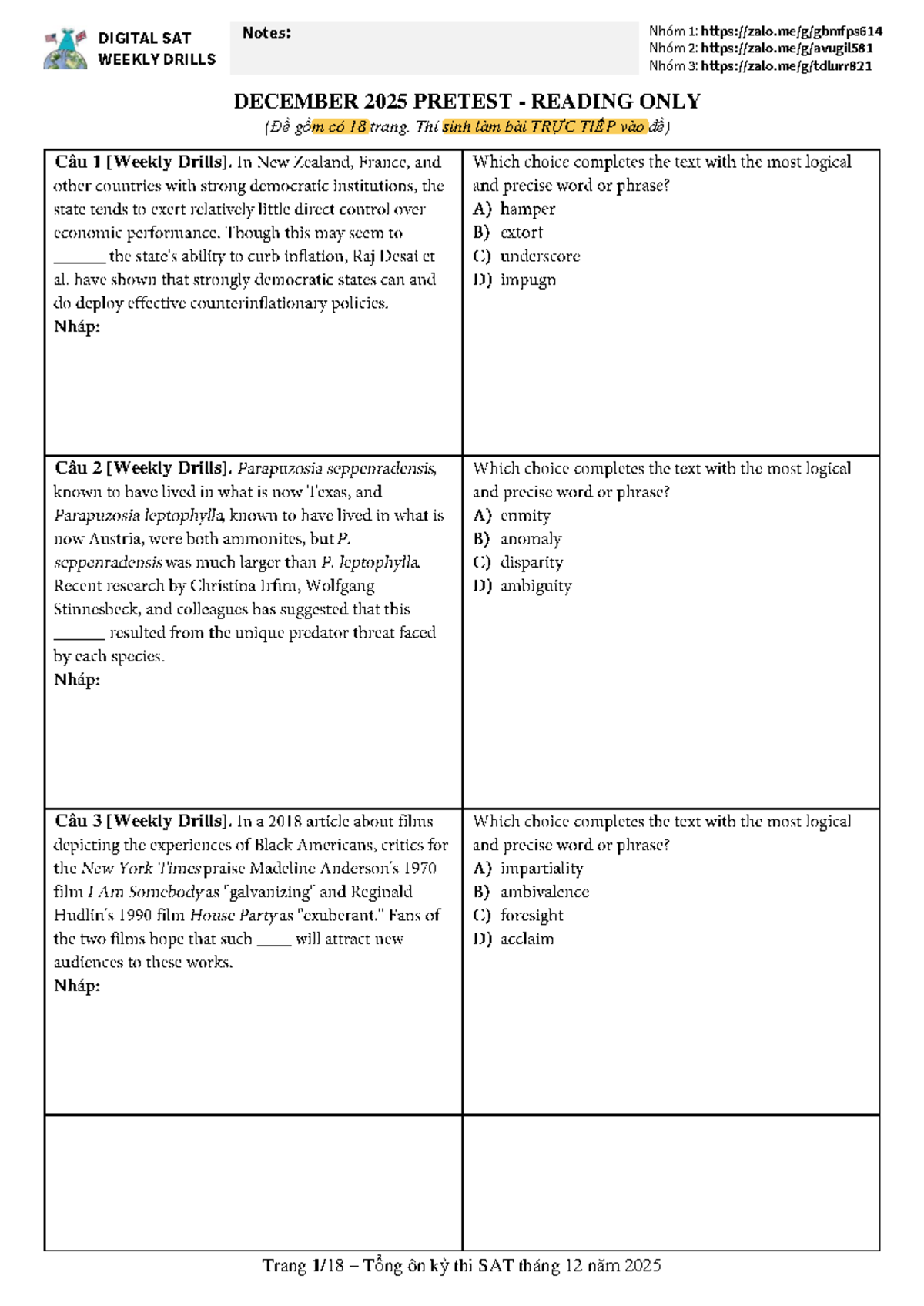 DIGITAL SAT DEC 2025 WEEKLY DRILLS PRETEST NOTES - Studocu