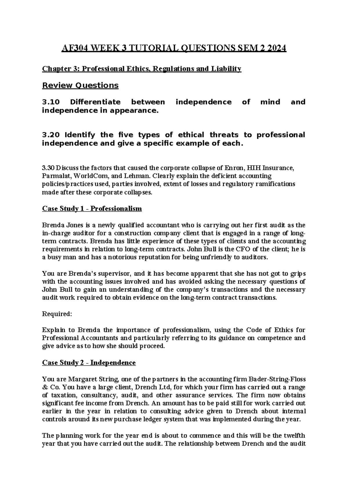 AF304 SEM 2 2024 Week 3 Tutorial Questions on Ethics & Independence ...