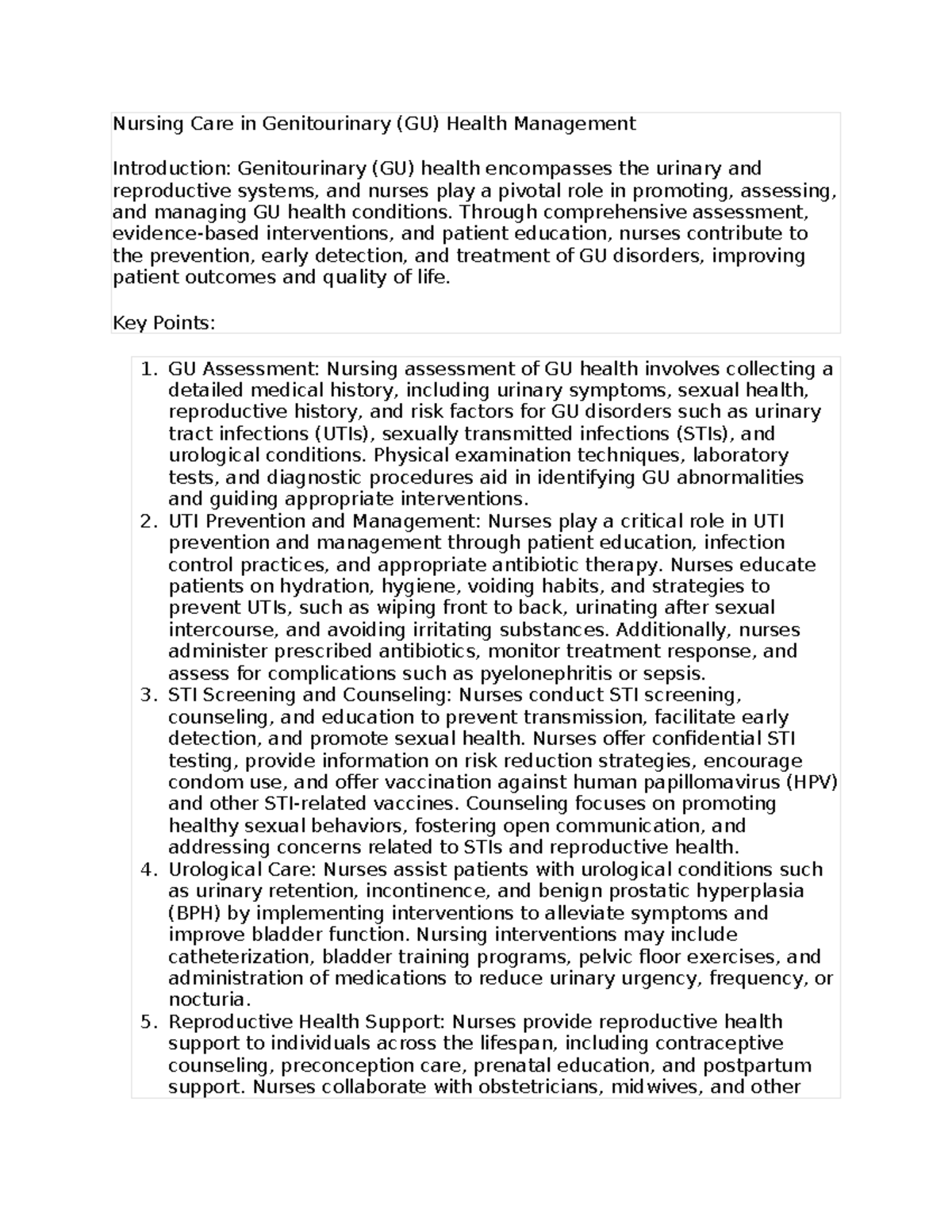 Nursing Care for Genitourinary Health Management (GU) Insights - Studocu