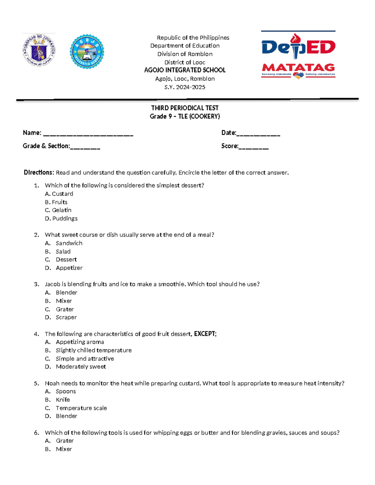 Cookery 9 Q4 PT - 4th Quarter Examination - Republic of the Philippines ...