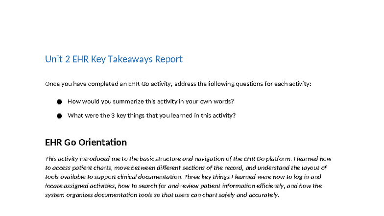 HSS215 Unit 2 EHR Key Learning Takeaways Report - Studocu