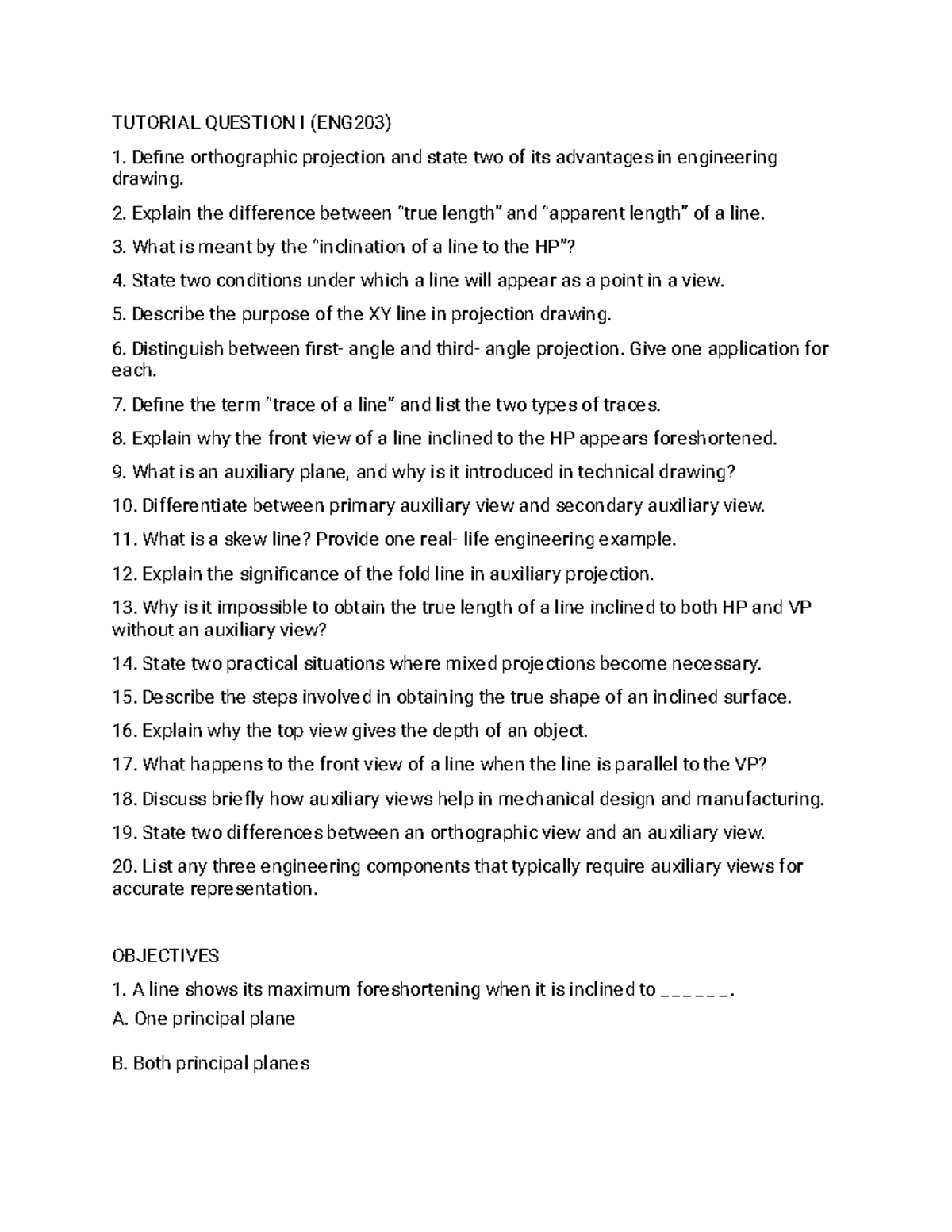 ENG203 TUTORIAL QUESTIONS: Orthographic Projection & Views - Studocu