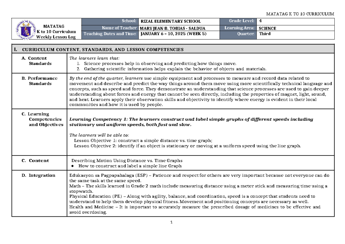 DLL Science 4 Q3 W5 - Weekly Lesson Log on Motion and Graphing - Studocu