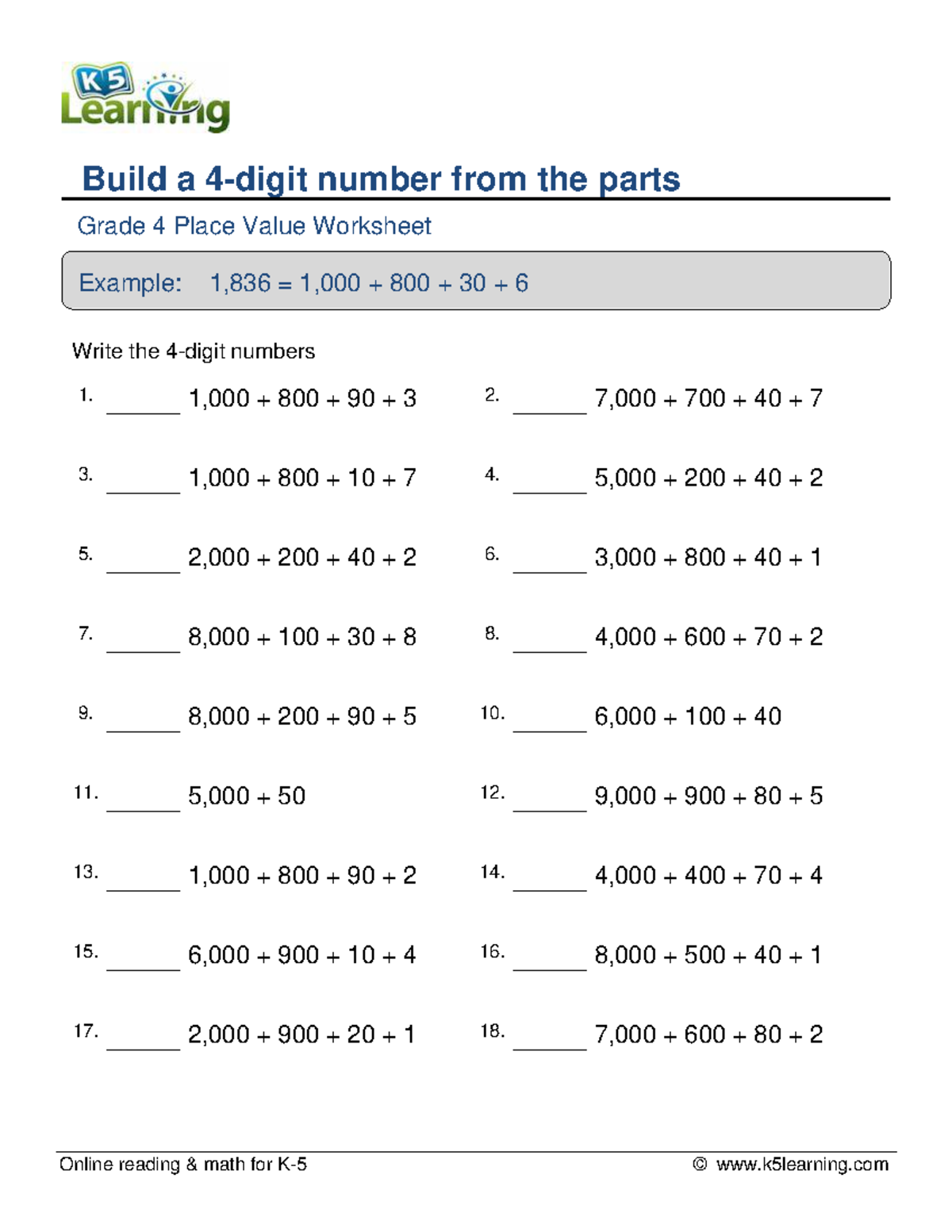 Grade 4 Place Value: Building 4-Digit Numbers Worksheet - Studocu