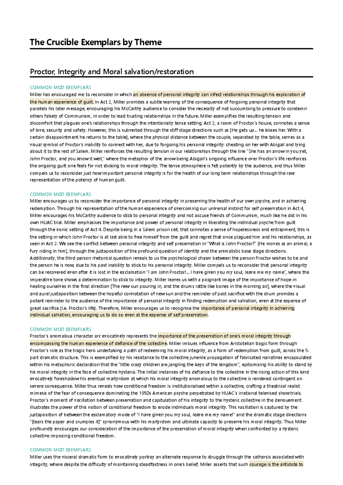 The Crucible 19_20 Essay: Exemplars of Moral Integrity by Theme - Studocu