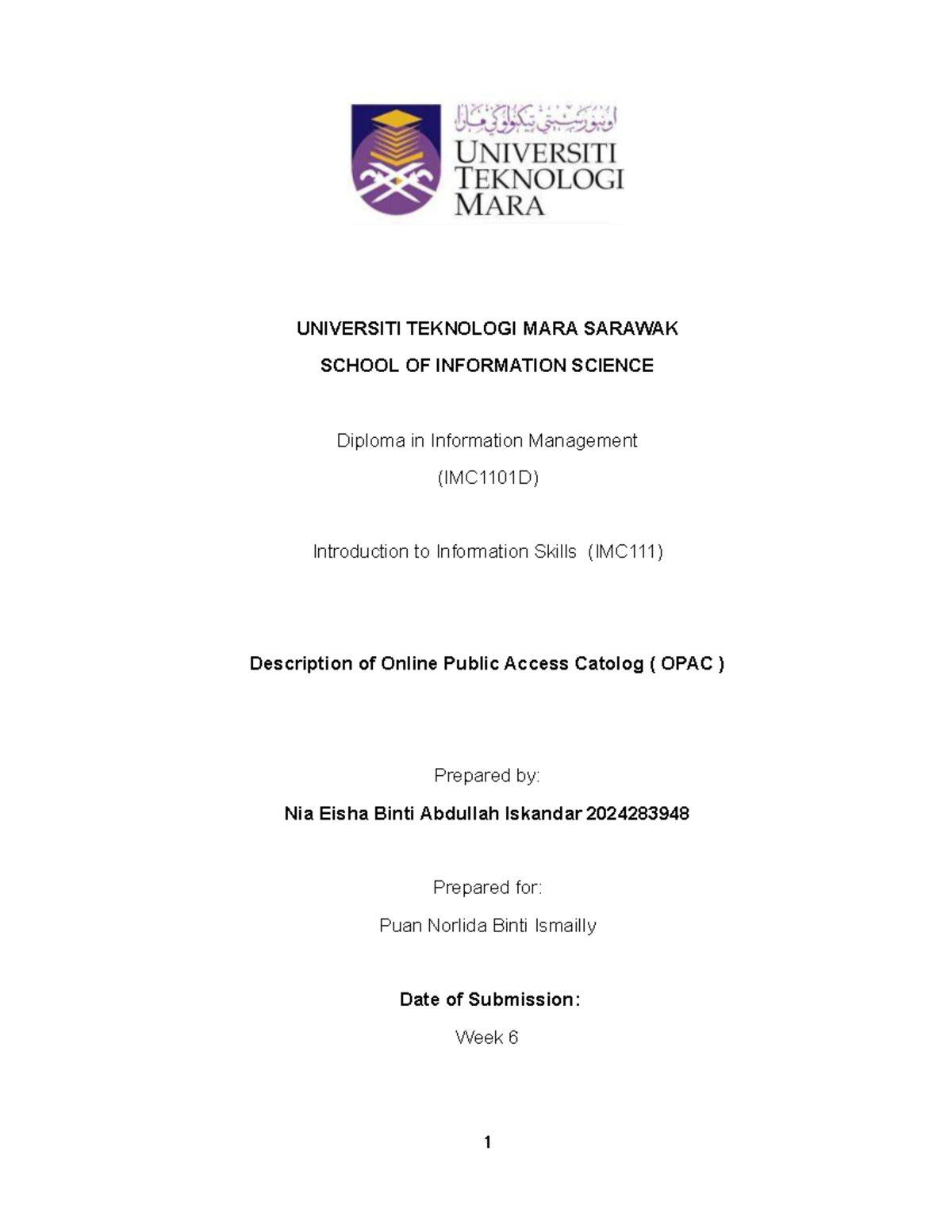 UITM OPAC IMC 111 - 1st sem assignment. - UNIVERSITI TEKNOLOGI MARA ...