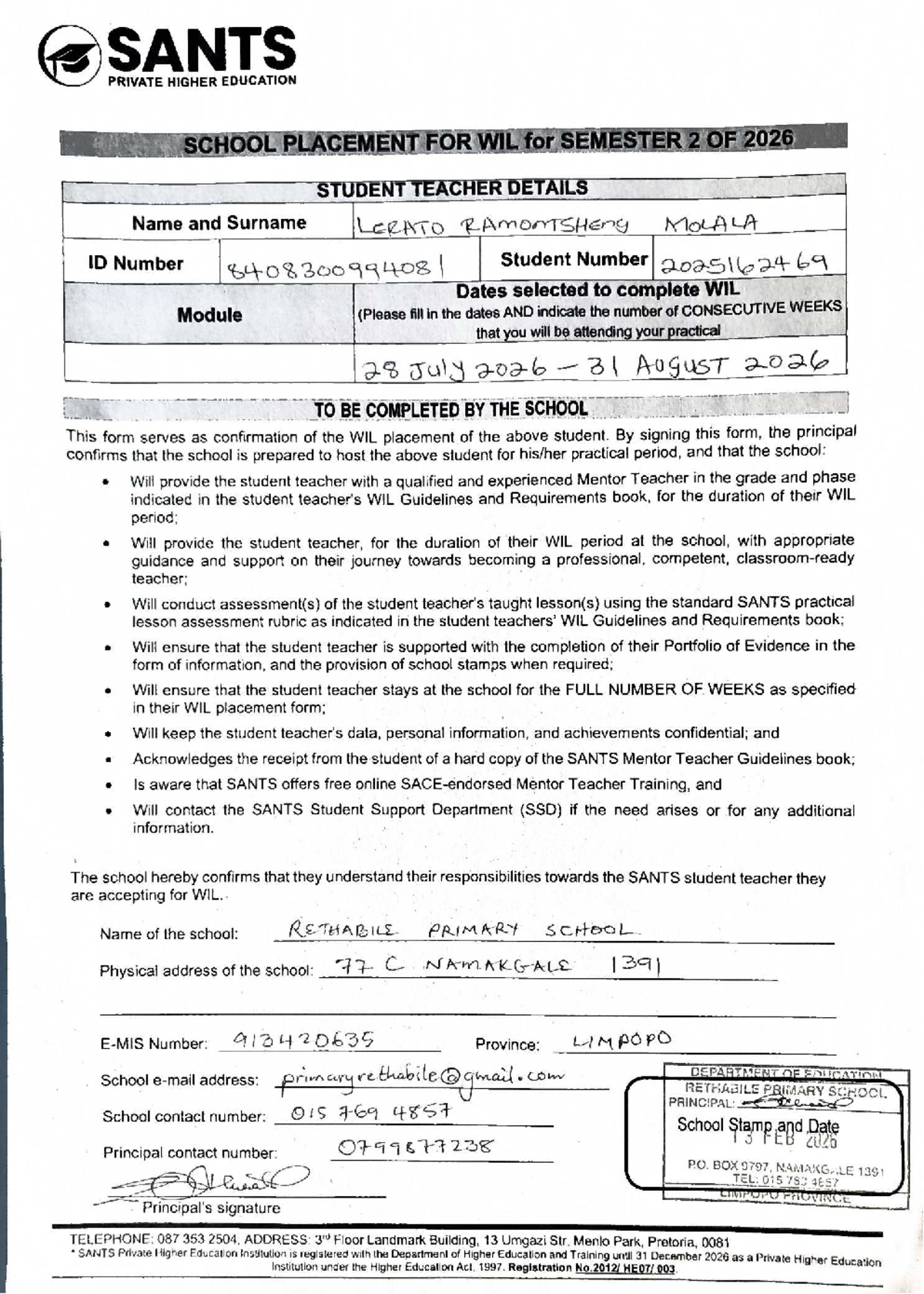 WIL Placement Confirmation for SANTS Student - G0 200FINOL - Studocu