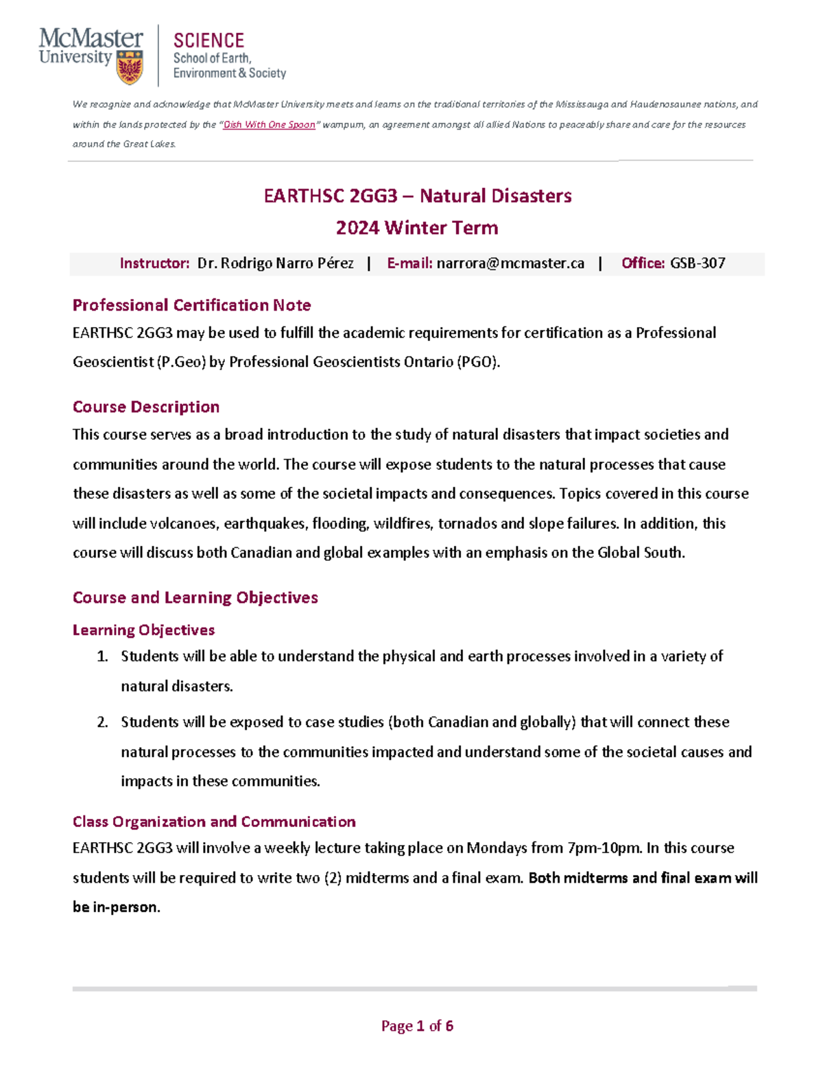 Earthsc 2GG3 - Natural Disasters Course Outline for Winter 2024 - Studocu