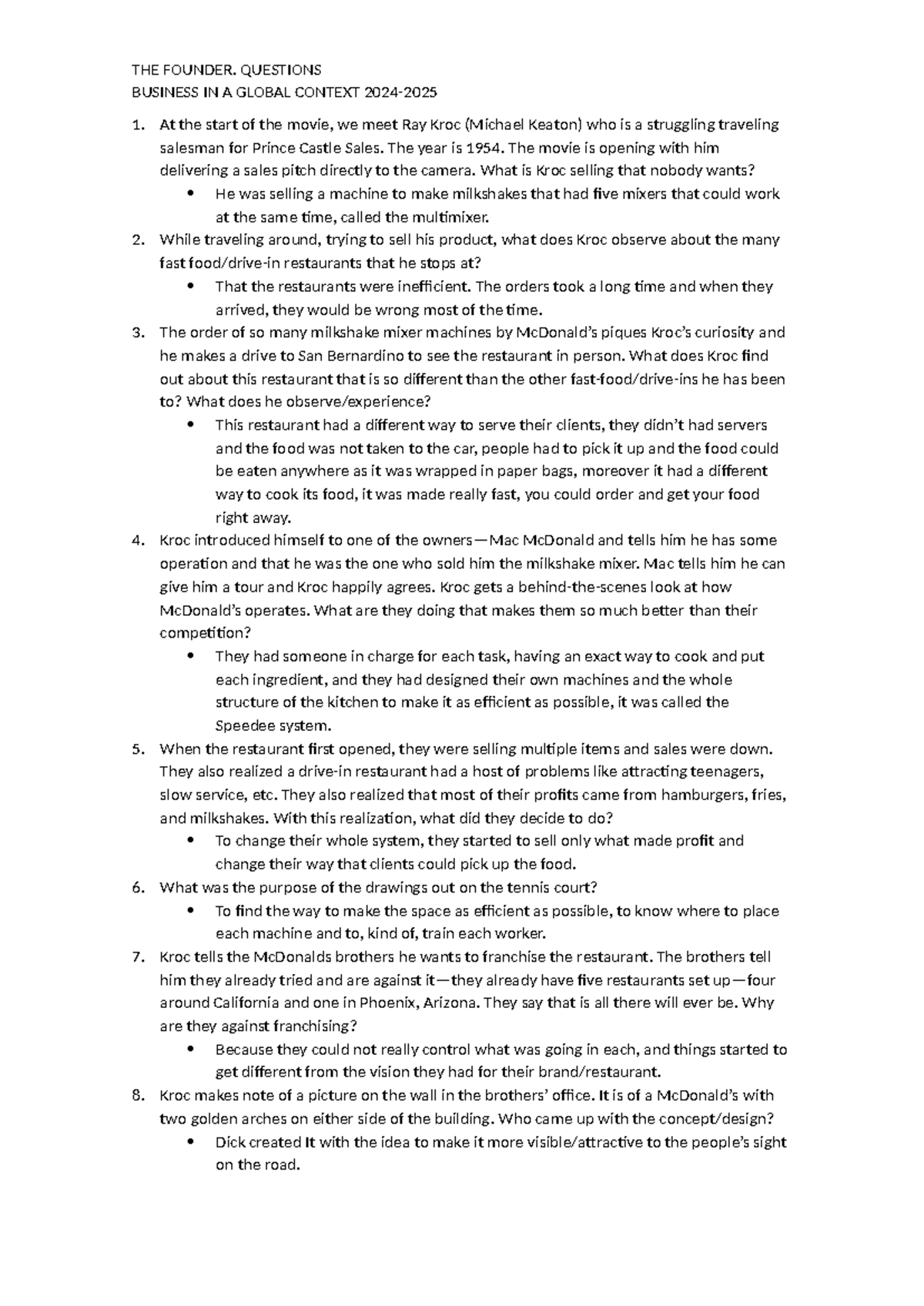 THE FOUNDER: Film Analysis Questions for BUSN 2024 Class - Studocu