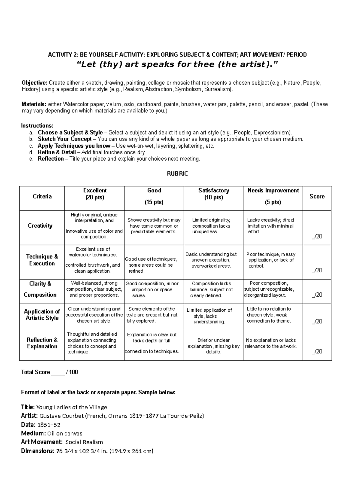 ACTIVITY 2: BE YOURSELF - ART PROJECT EXPLORATION (thy) - Studocu
