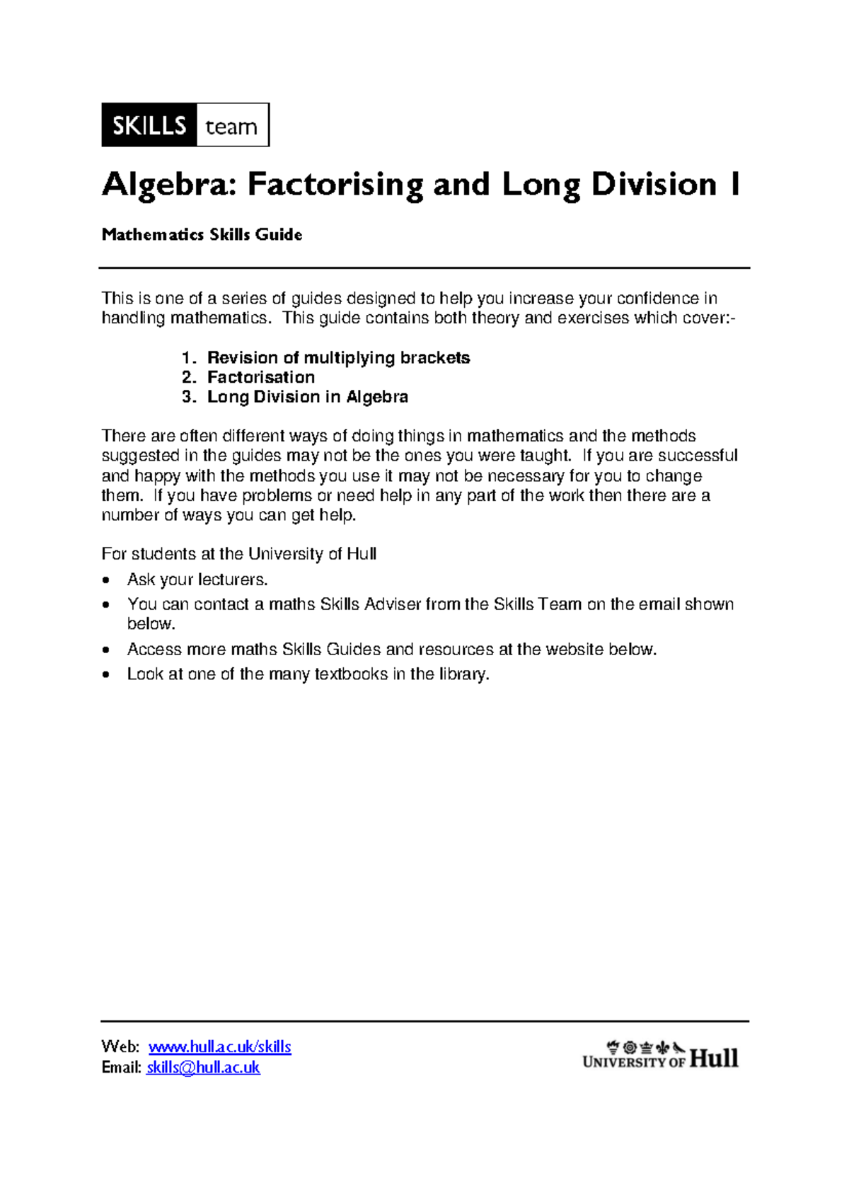 Algebra 1: Factorising and Long Division Skills Guide - Studocu