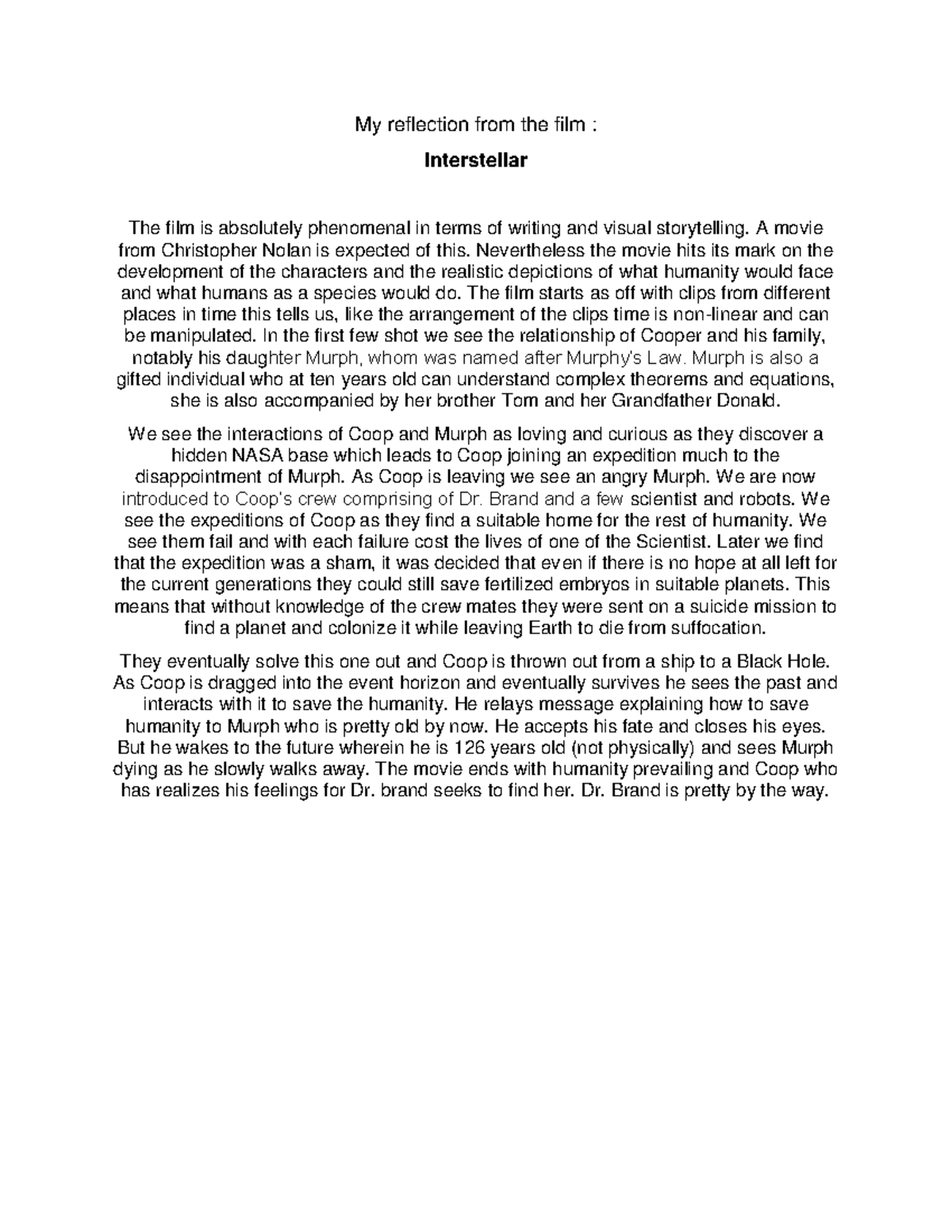 Final Interstellar Paper of the film - My reflection from the film ...