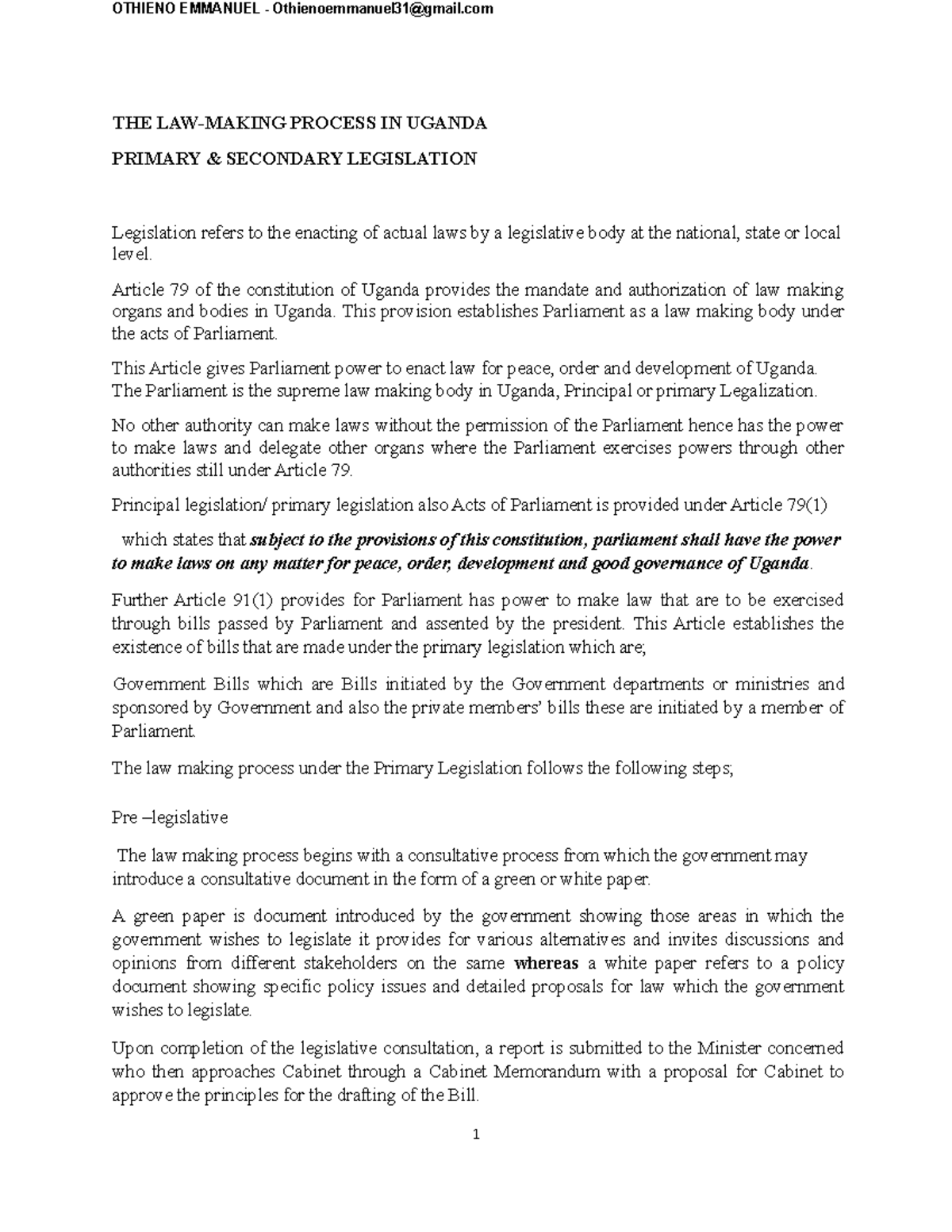 LAW Making Process in Uganda: Primary & Secondary Legislation - Studocu