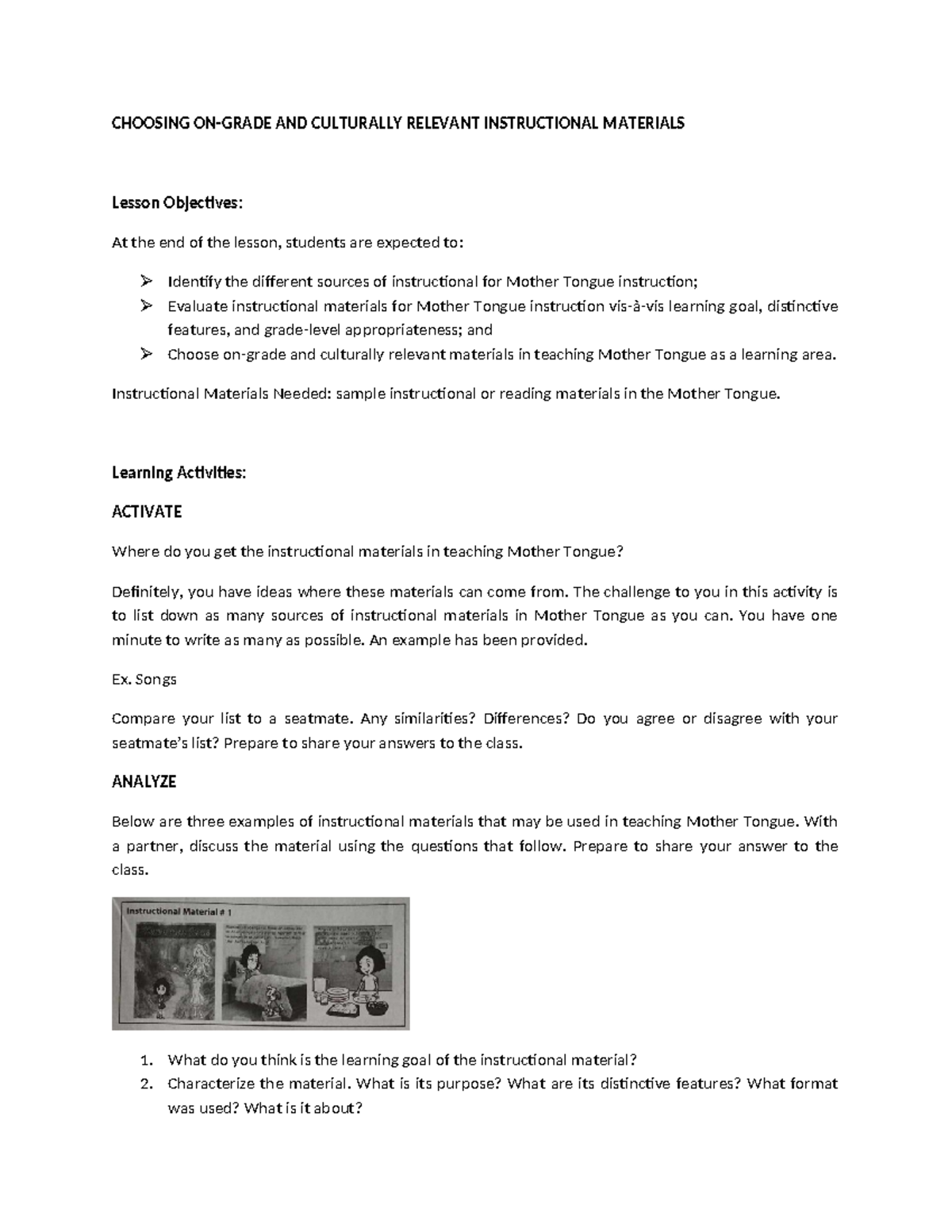 Choosing On-Grade & Culturally Relevant Materials for Mother Tongue - Studocu