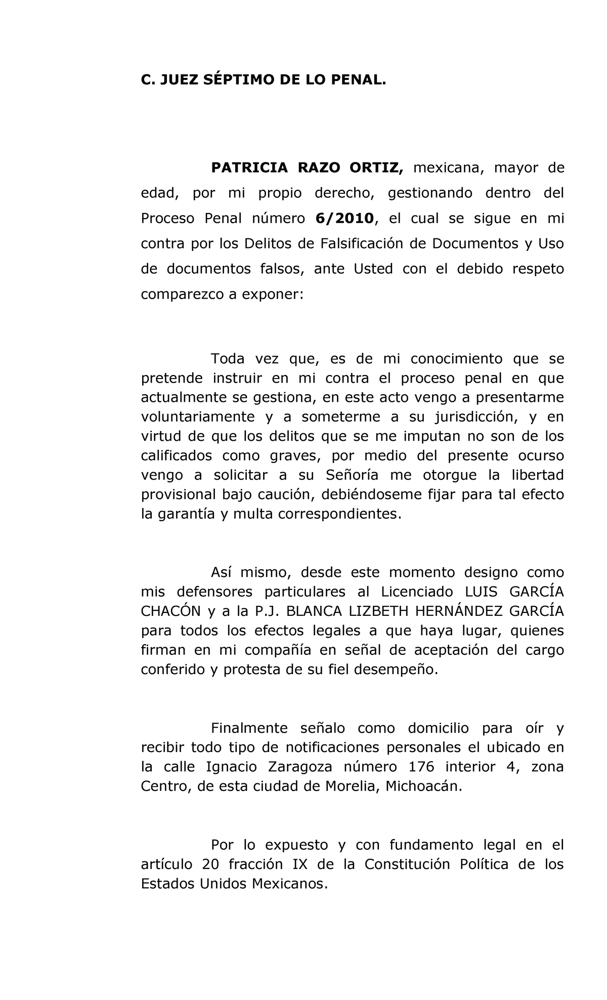 Solicitud de Libertad Provisional - Proceso Penal de Patricia Razo ...