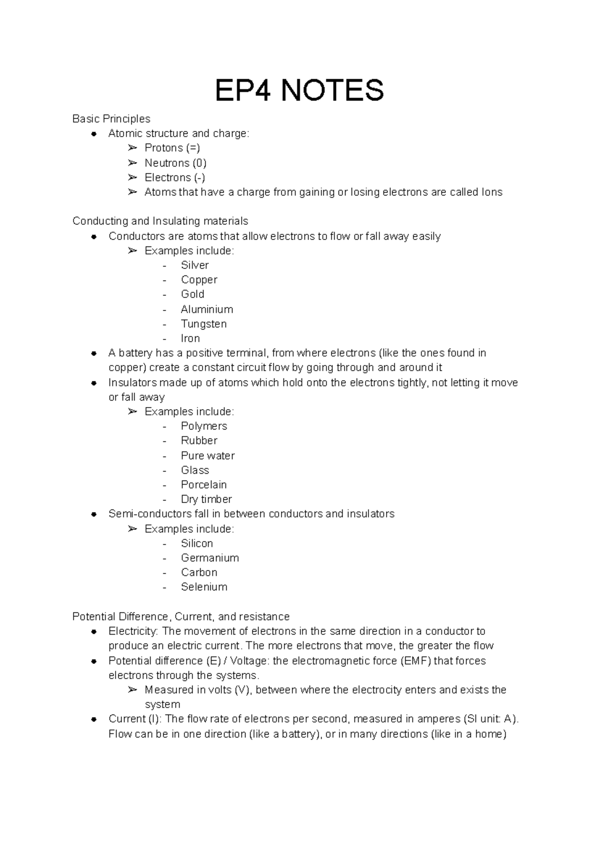 EP4 NOTES: Basic Principles of Atomic Structure and Electricity - Studocu