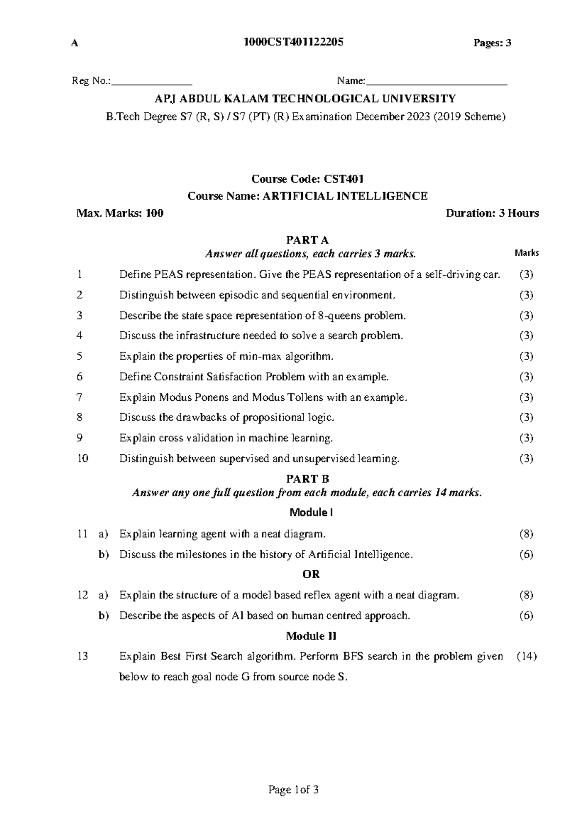 CST401 - AI Dec 2023 Exam Question Paper (3 Hours) - Studocu