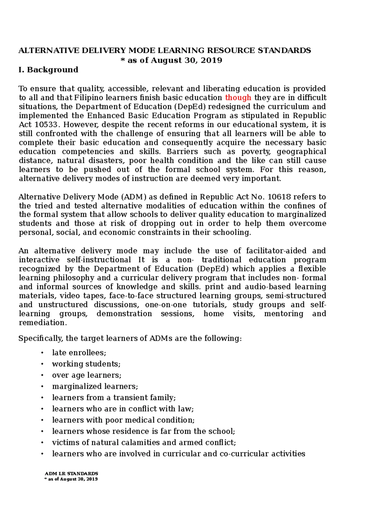 Alternative Delivery MODE Learning Resource Standards - ALTERNATIVE ...