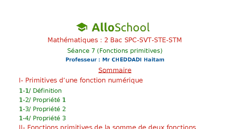 Mathématiques : 2 Bac Séance 7 - Fonctions Primitives et Exercices ...