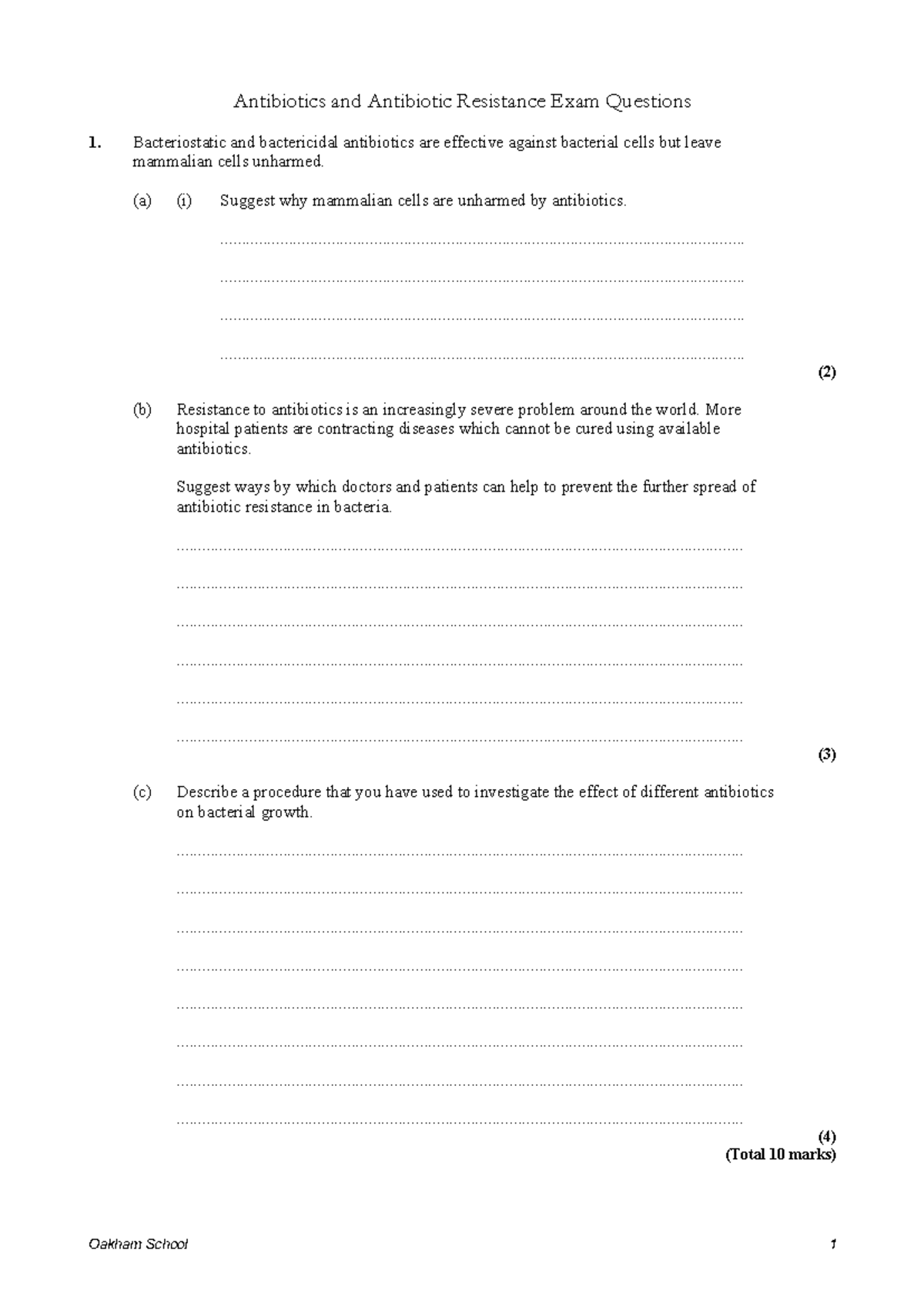Antibiotics and Antibiotic Resistance Exam Questions (Biology 101 ...