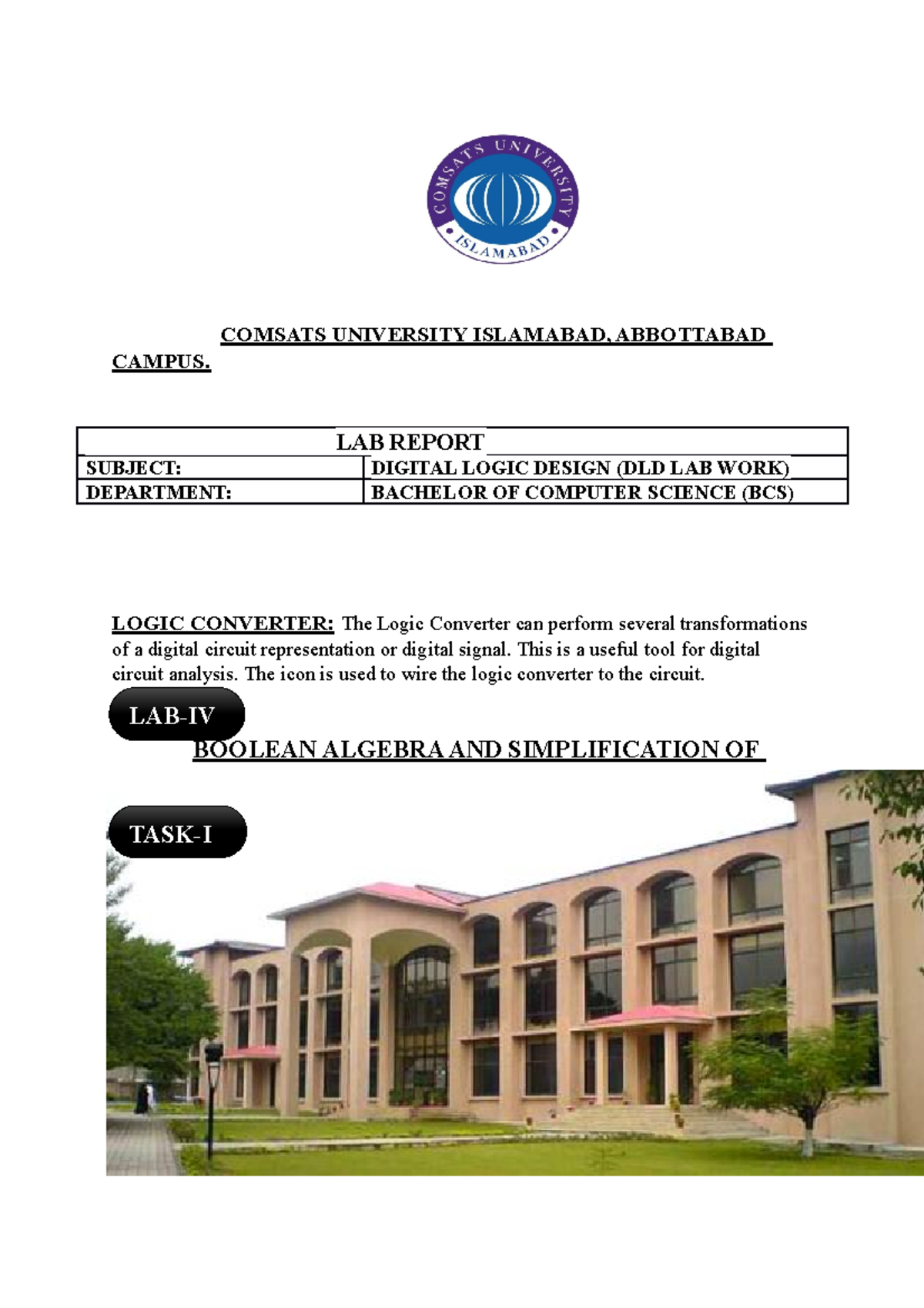 DLD 01[LAB REPORT] LAB-IV[BOOLEAN ALGEBRA AND SIMPLIFICATION OF BOOLEAN ...