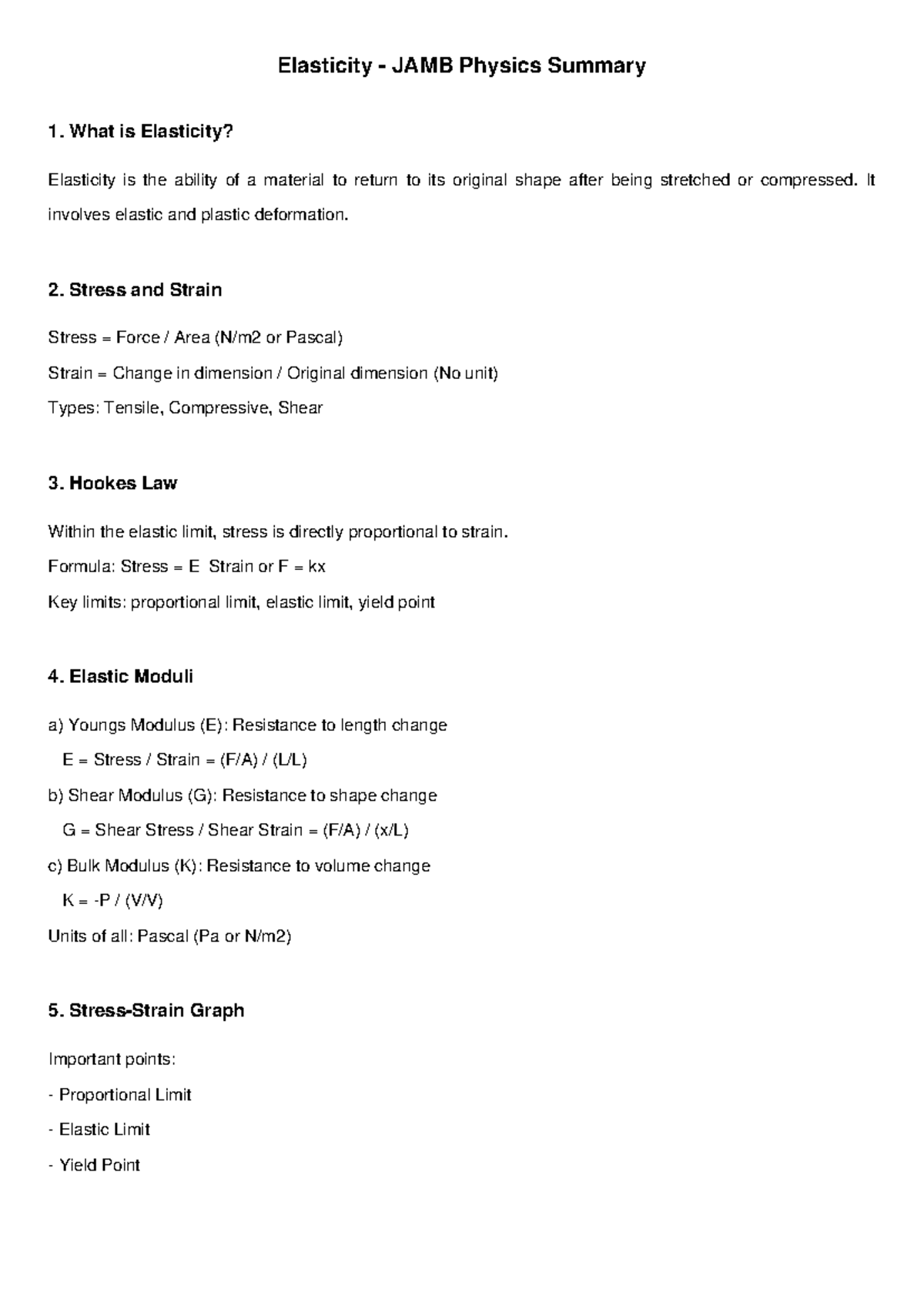 Elasticity in Physics: JAMB Summary Notes - Studocu