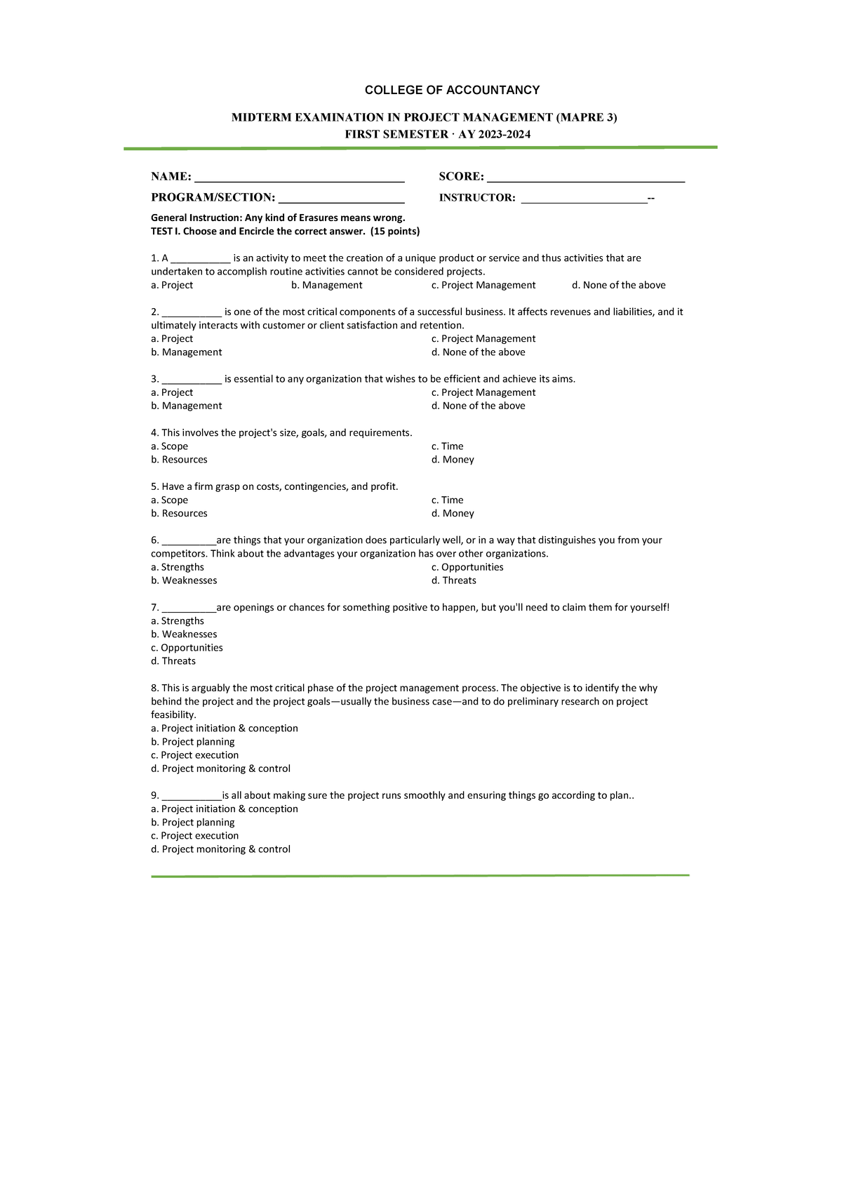 Project Management Midterm Examination Guide (MAPRE 3) 2023 - Studocu