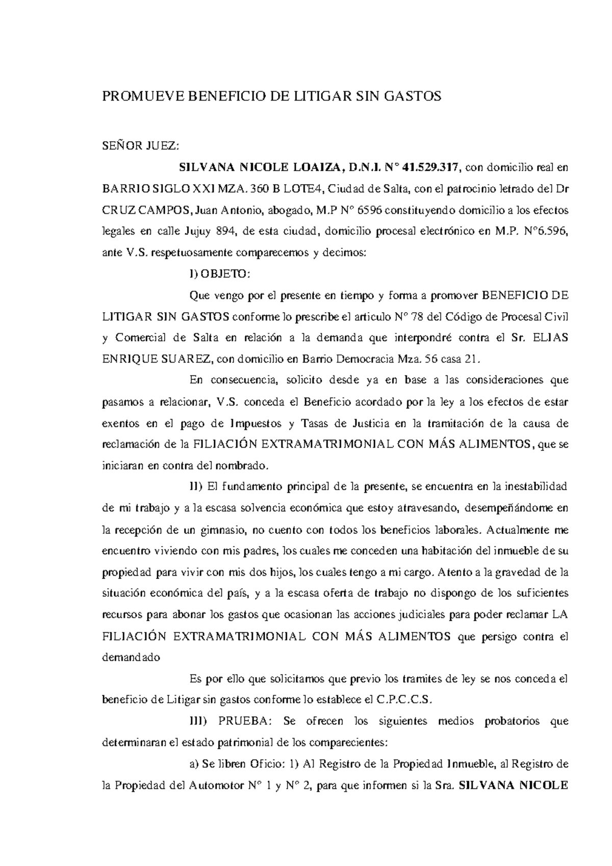 Modelo de Beneficio de Litigar Sin Gastos - BLSG Documentación Legal ...
