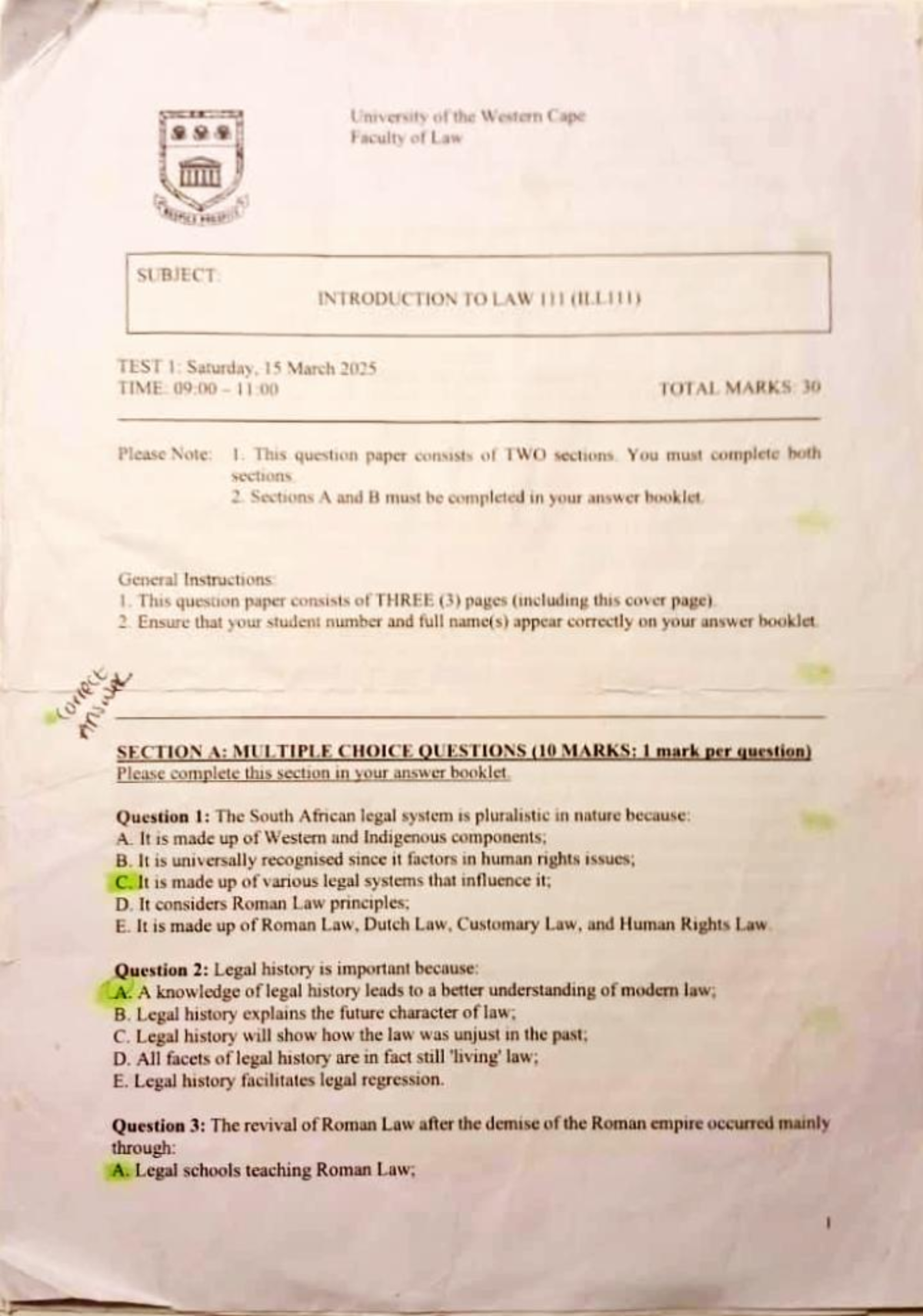 UWC Introduction to Law I Test - March 2025 - Studocu