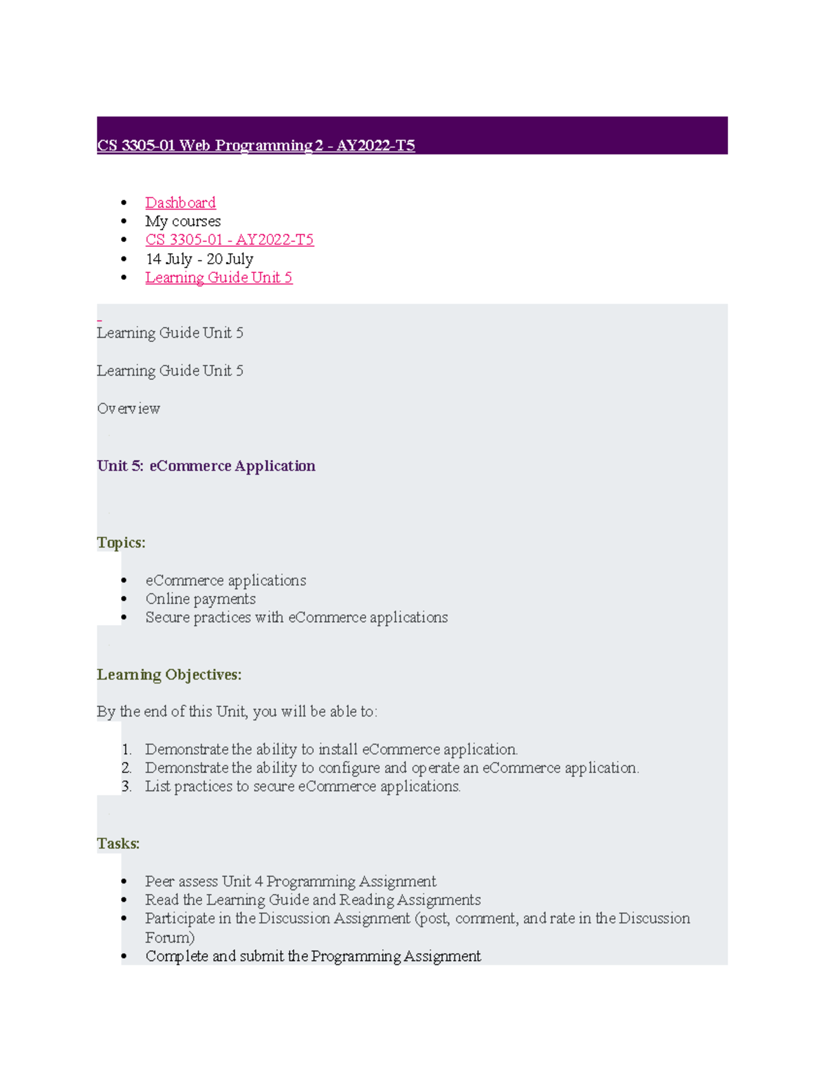 Learning Guide Unit 5 Cs 3305 Cs 3305 01 Web Programming 2 Ay2022 T Dashboard My Courses