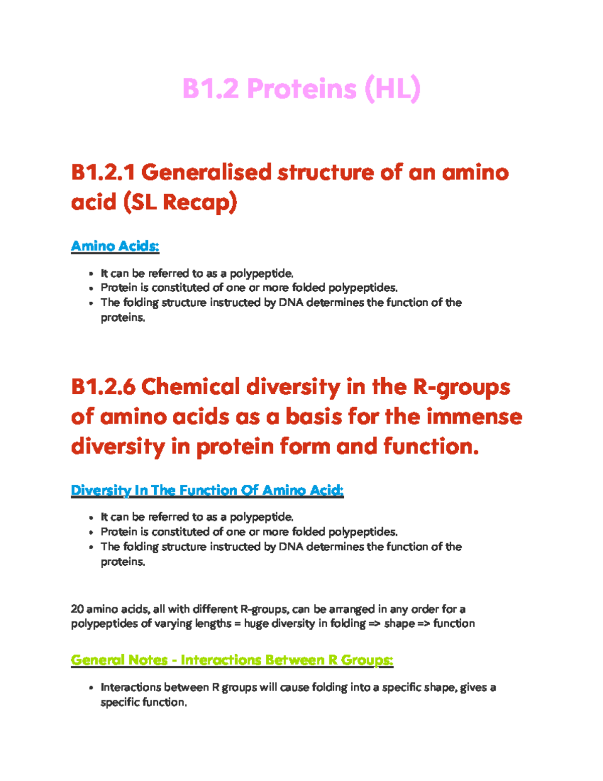 B1.2 Proteins (HL) - Structure, Diversity, and Function of Amino Acids ...