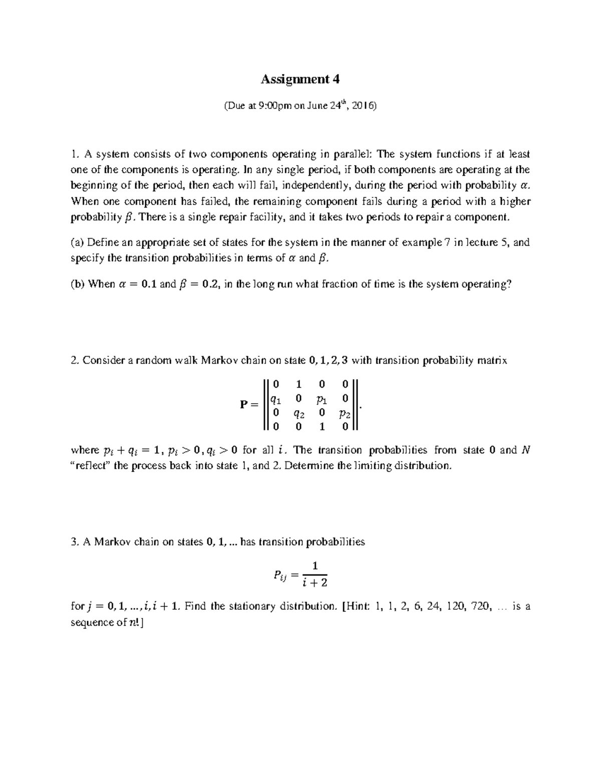 Assignment 4 - Parallel Systems & Markov Chains Analysis - Studocu