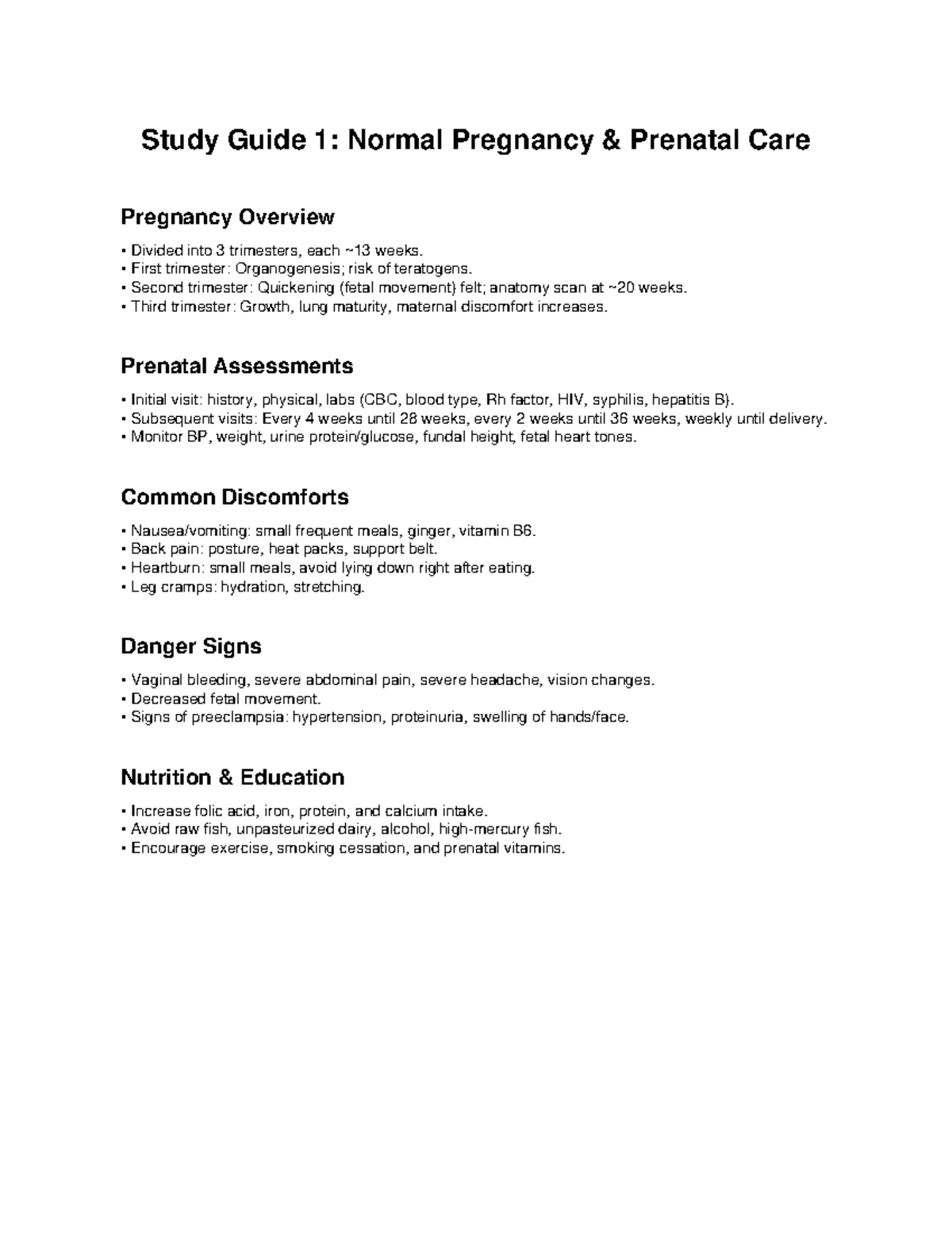 Study Guide 1: Normal Pregnancy & Prenatal Care Overview - Studocu