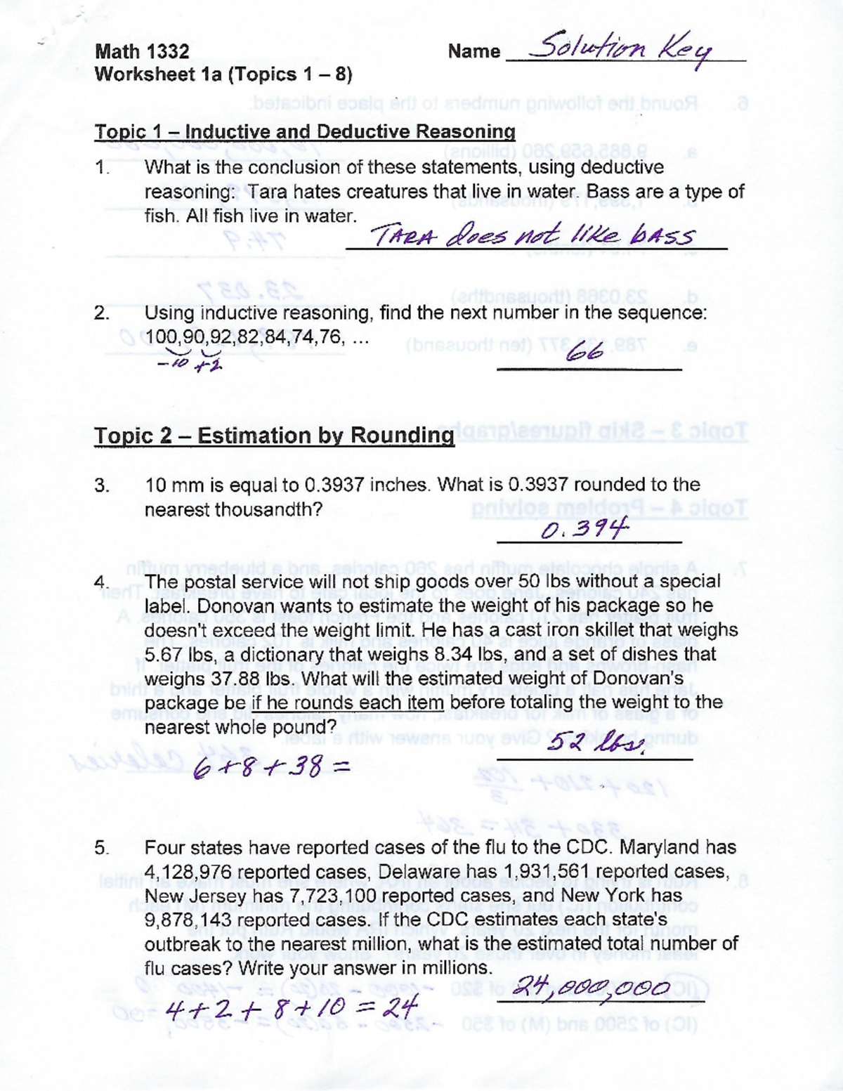 Answer sheet for 1a - homework - Math 1332 Name Solution Key Worksheet ...