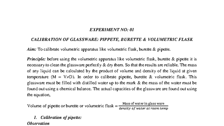 Experiment No: 01 Calibration of Glassware: Pipette, Burette ...