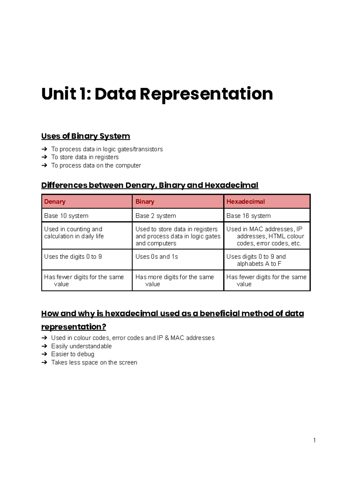 Chapter 1: Data Representation in CS0478 - Binary, Denary, and ...