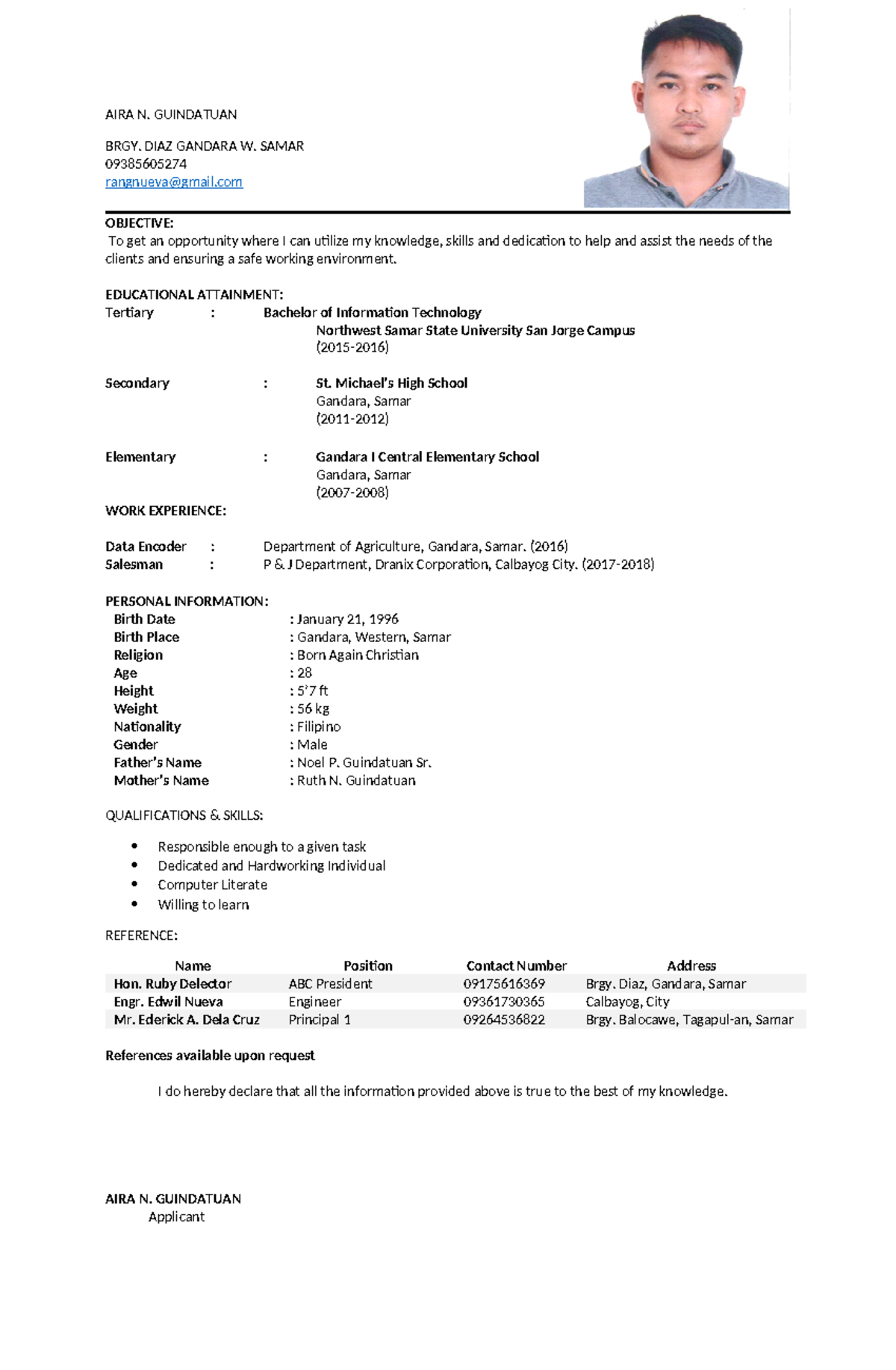 RITZ-Resume of Aira N. Guindatuan: Skills & Experience Overview - Studocu