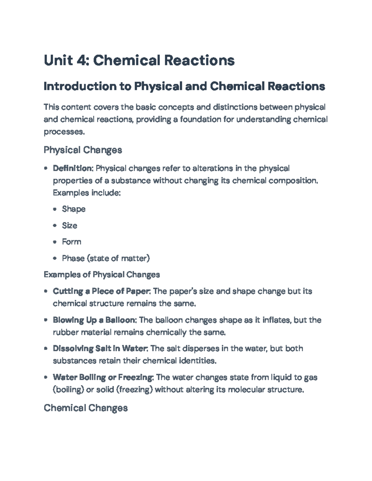 Unit 4: Physical and Chemical Reactions Overview - Unit 4: Chemical ...