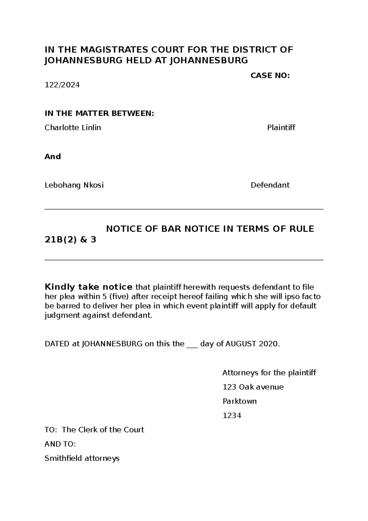Notice of Bar - Charlotte Linlin vs. Lebohang Nkosi (Case No. 122 ...
