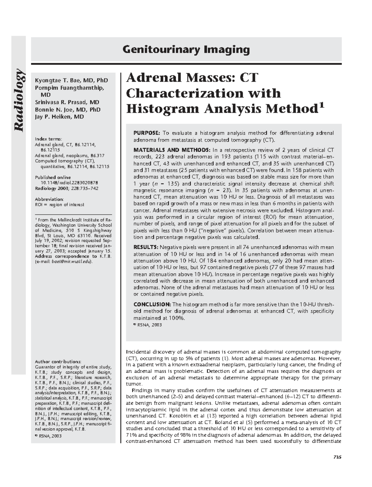 Bae et al 2003: Adrenal Masses CT Characterization via Histogram ...