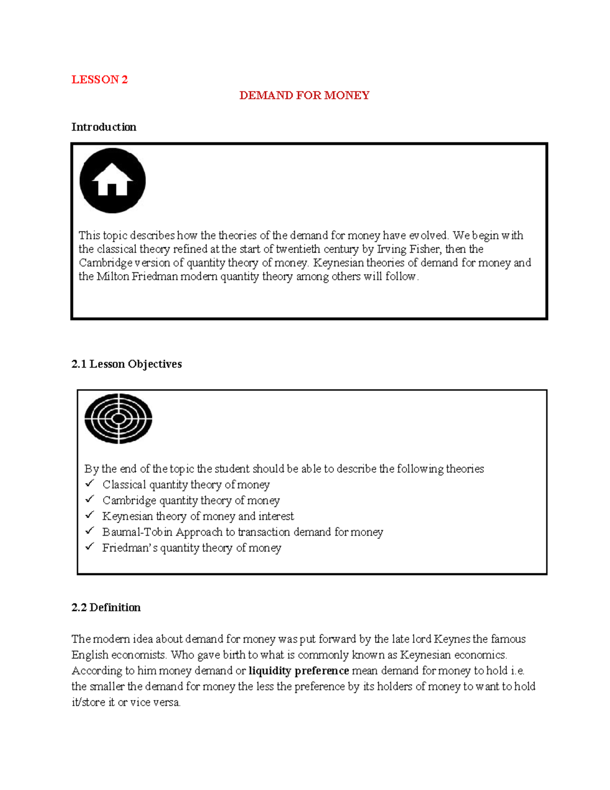 EAE 310 Lesson 2 - Theories of Demand for Money in Economics - Studocu