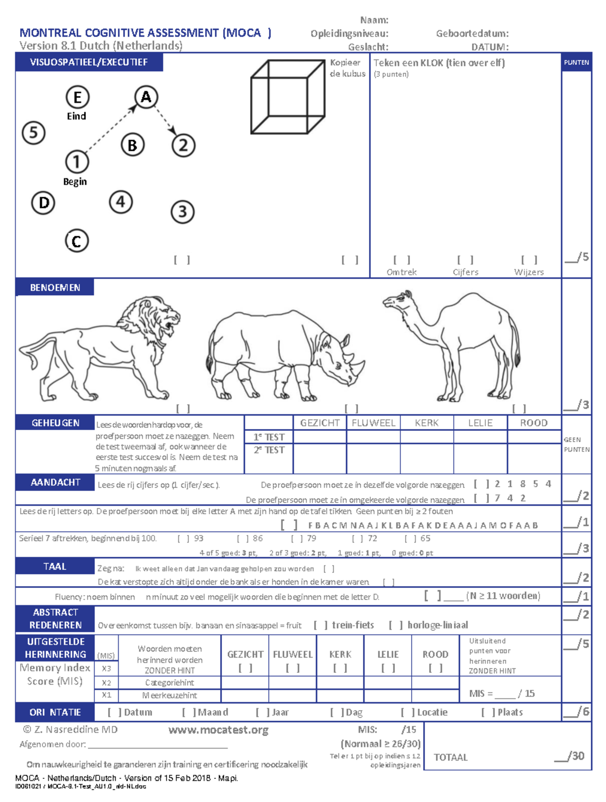 MOCA Test - Sjabloon Versie 8.1 (Nederlands) voor Cognitieve Evaluatie ...