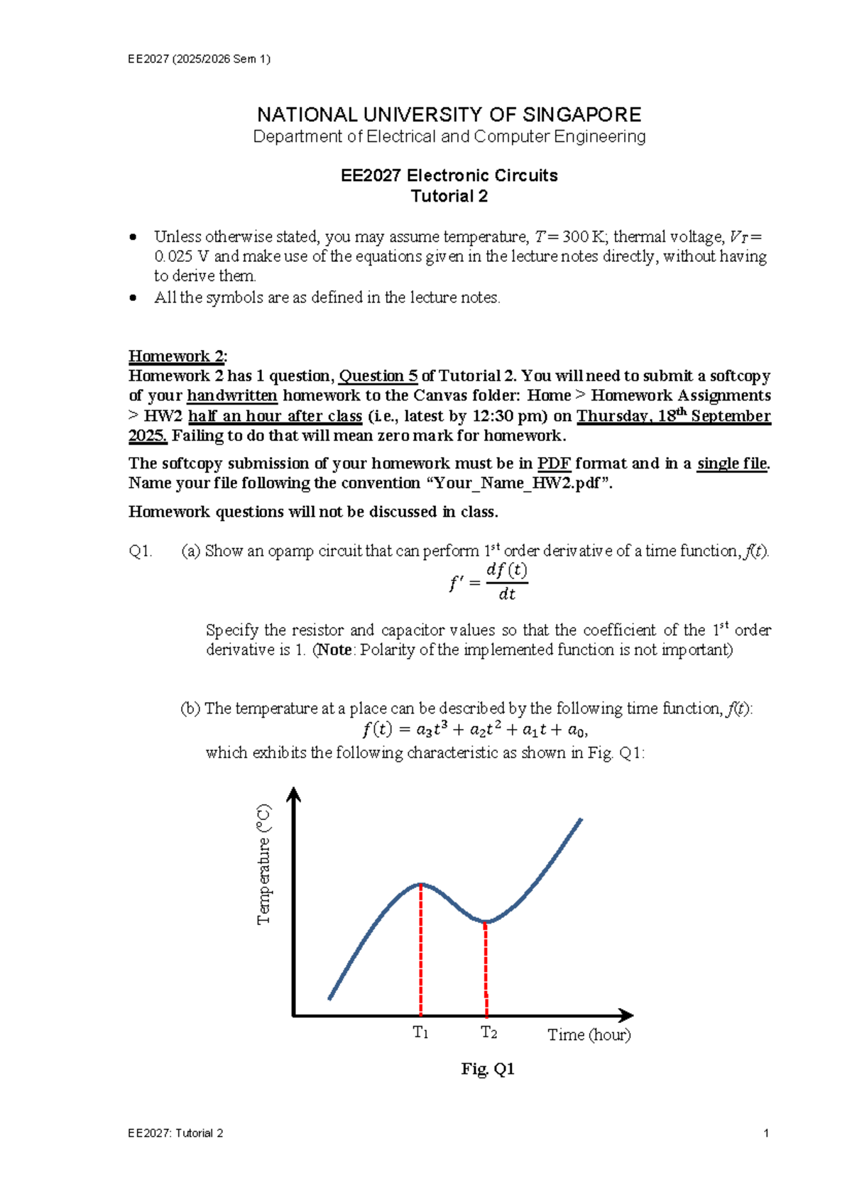 EE2027 Sem 1: Electronic Circuits Tutorial 2 - Opamp Applications - Studocu