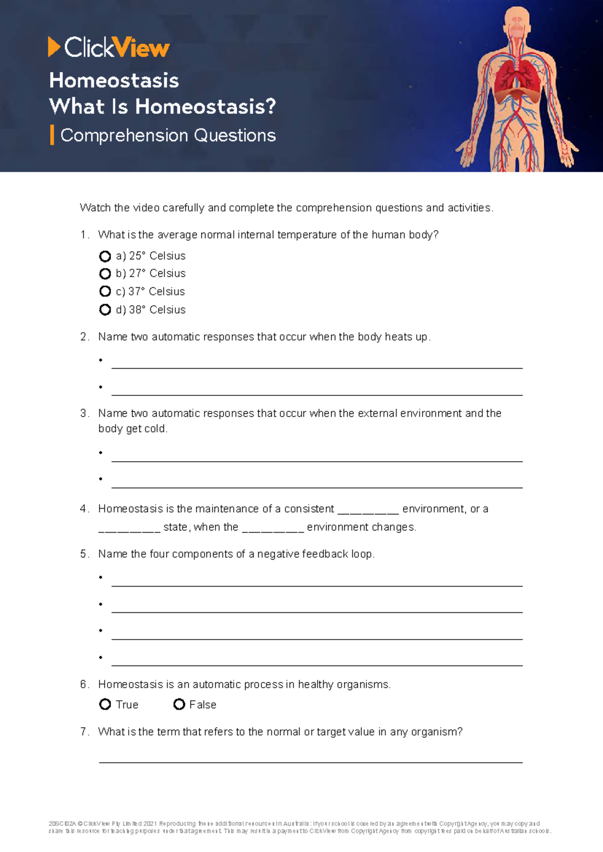 20SCI02A Homeostasis Comprehension Questions and Activities - Studocu