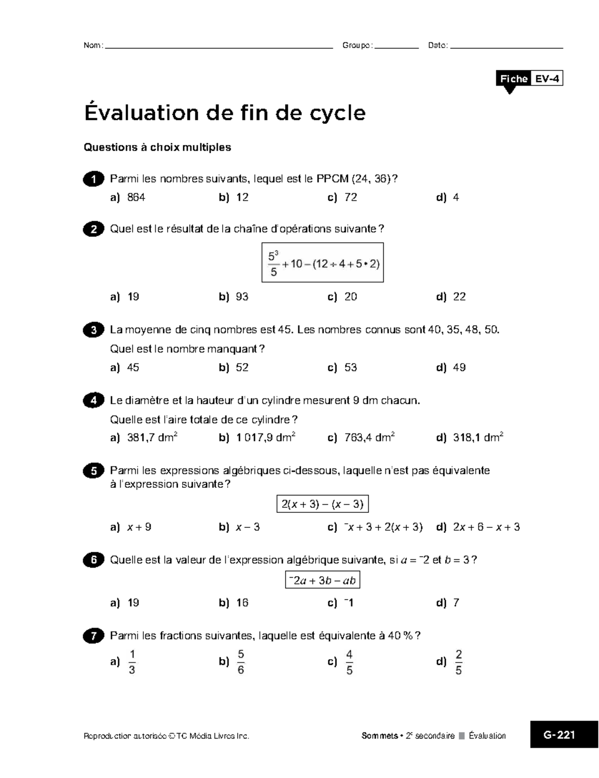 Évaluation de Mathématiques 2e Sec. - Sommets 2 - Questions Multiples ...