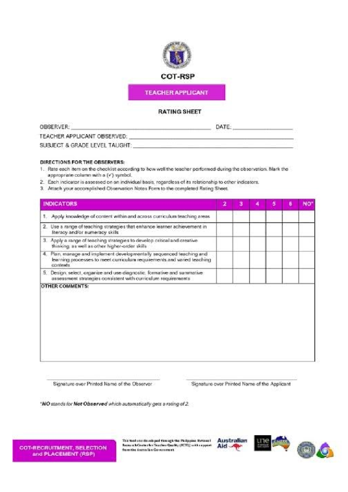 COT - Teacher Applicant Observation Rating Sheet Guide - Studocu