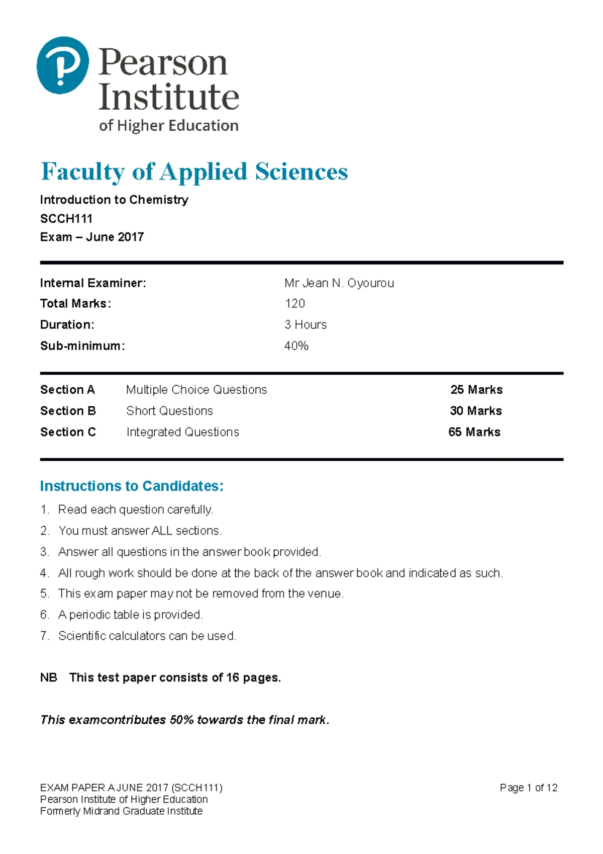 Exam Paper B 2017 SCCH111 - Faculty of Applied Sciences Introduction to ...