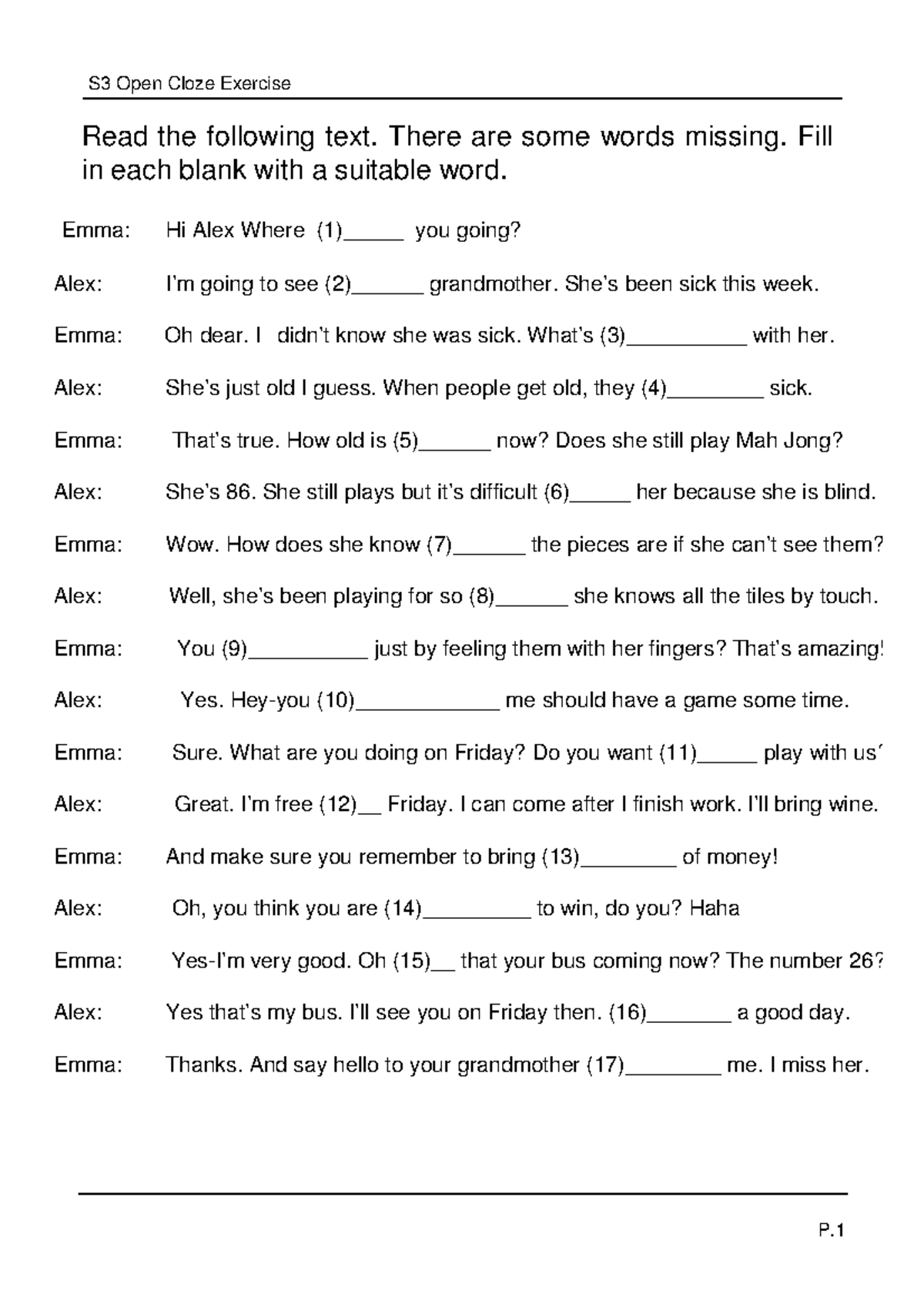 S3 Open Cloze Exercise Fill-ins and Answers - Studocu